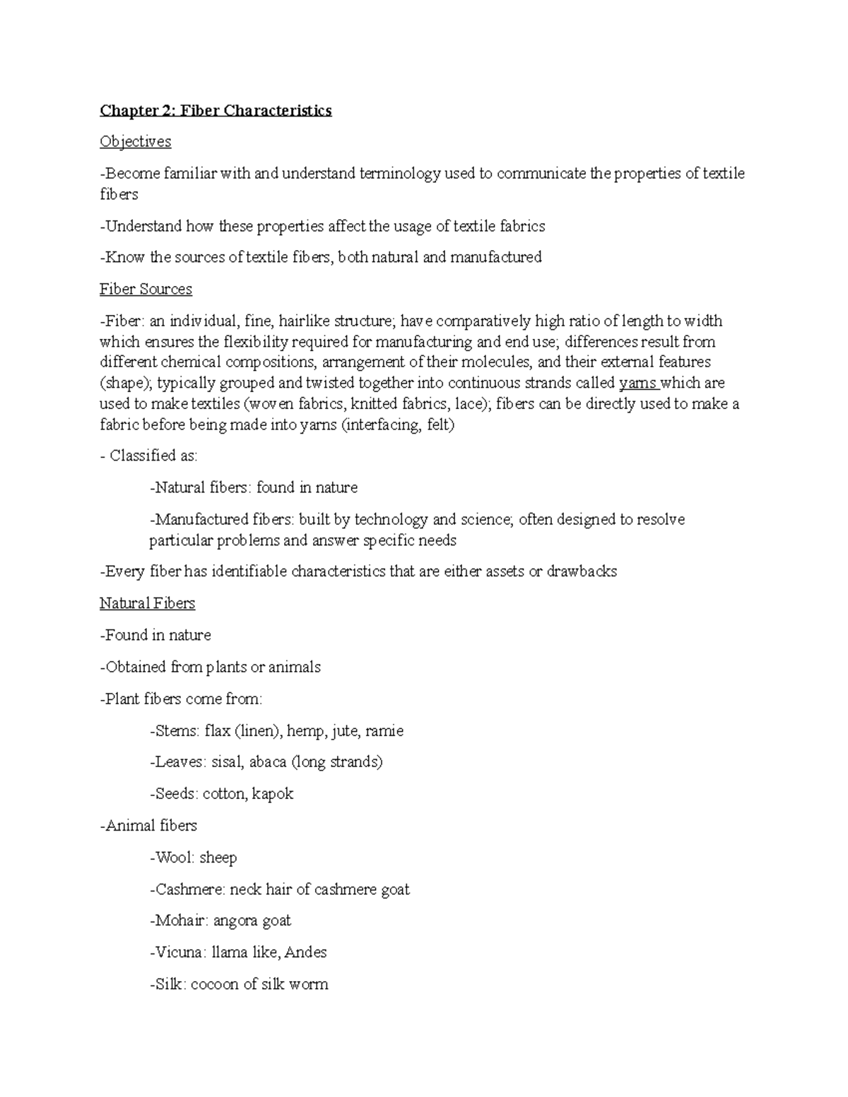 Exam guide - Notes for Exam, Professor Powell - Chapter 2: Fiber ...