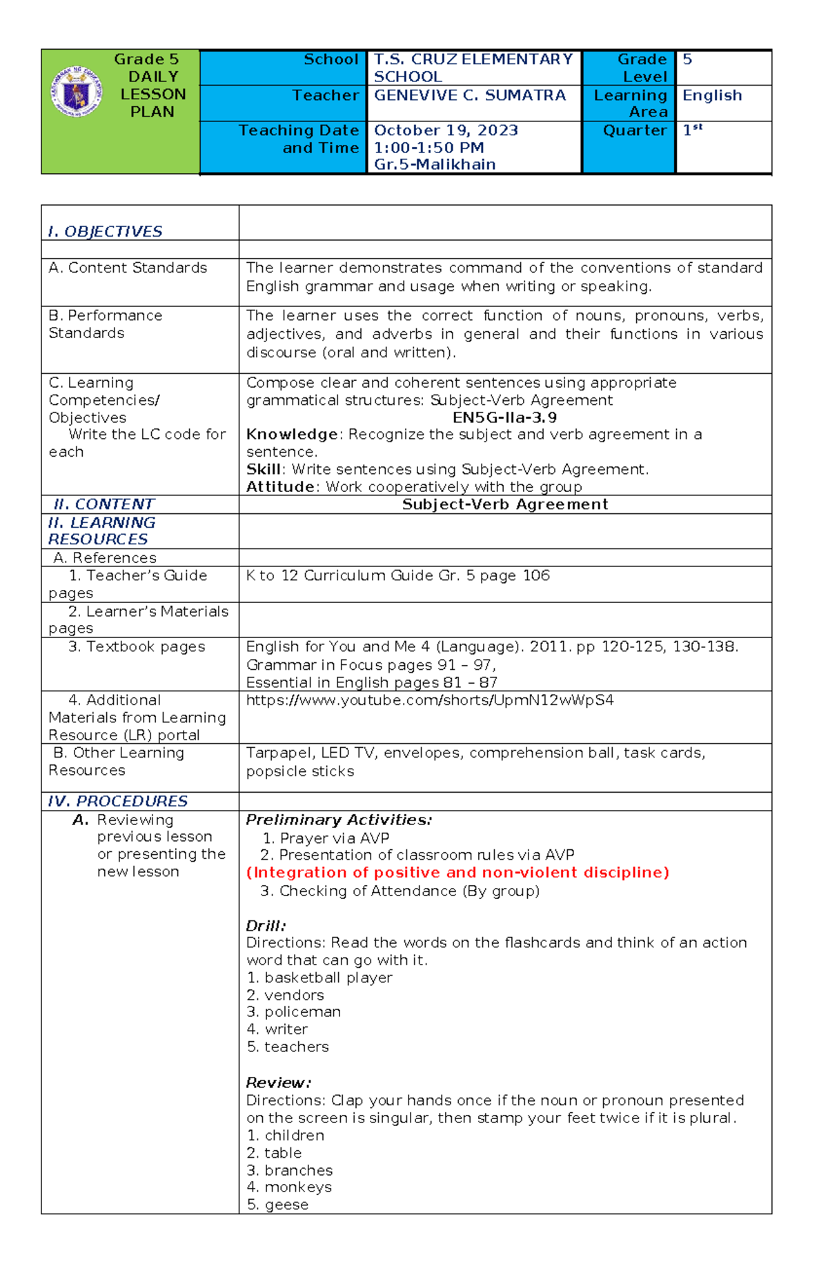 COT1- Subj-Verb Agreement - Grade 5 DAILY LESSON PLAN School T. CRUZ ...