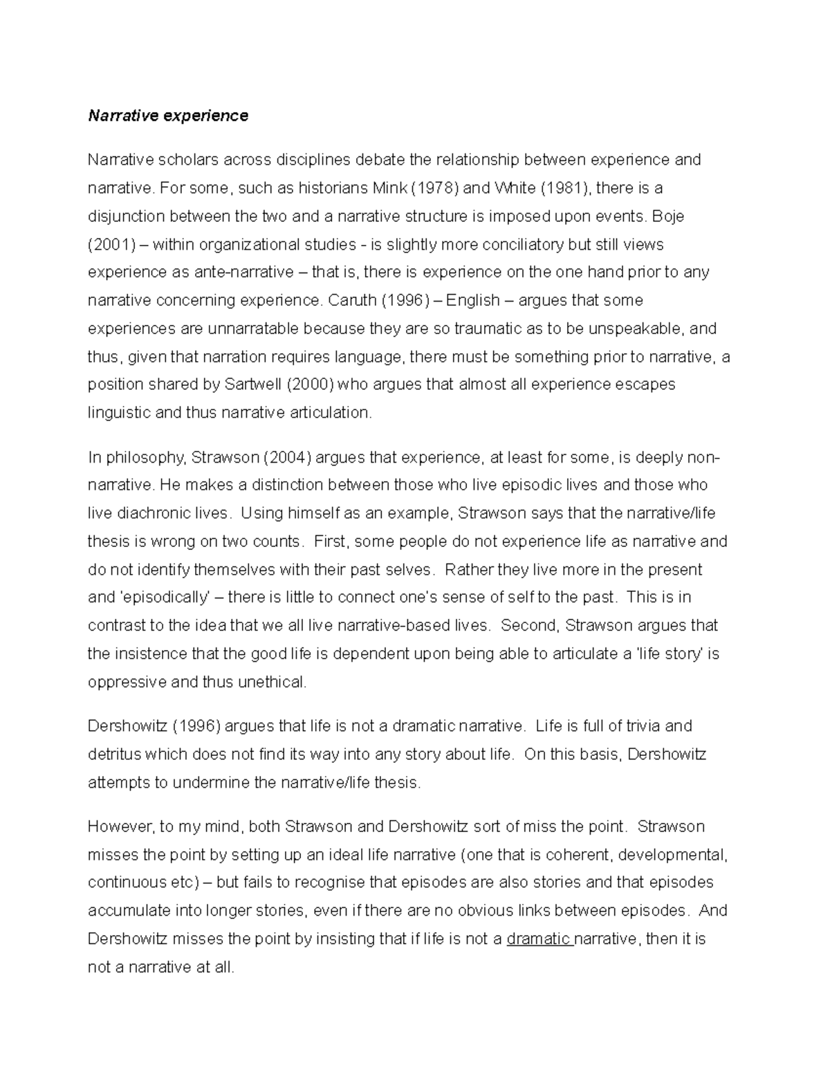 Narrative and experience notes - Narrative experience Narrative ...