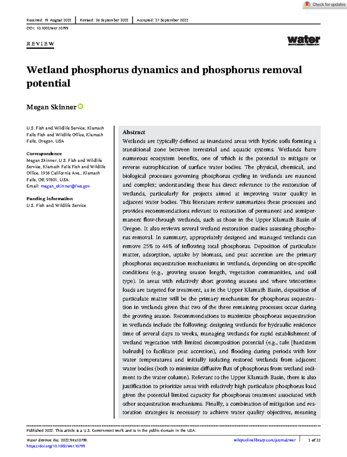 Water Environment Research - 2022 - Skinner - Wetland phosphorus ...