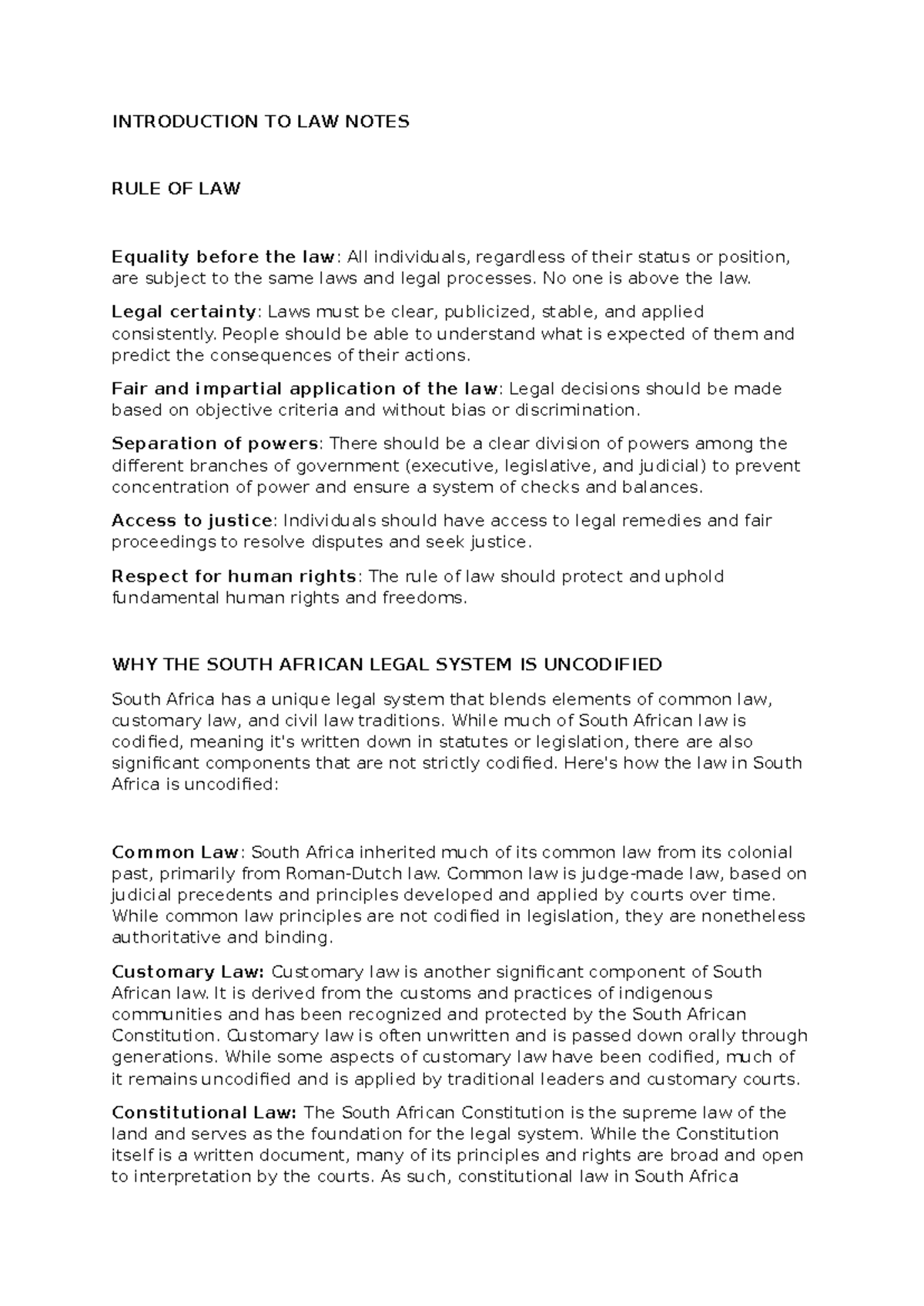 Introduction TO LAW Notes - INTRODUCTION TO LAW NOTES RULE OF LAW ...