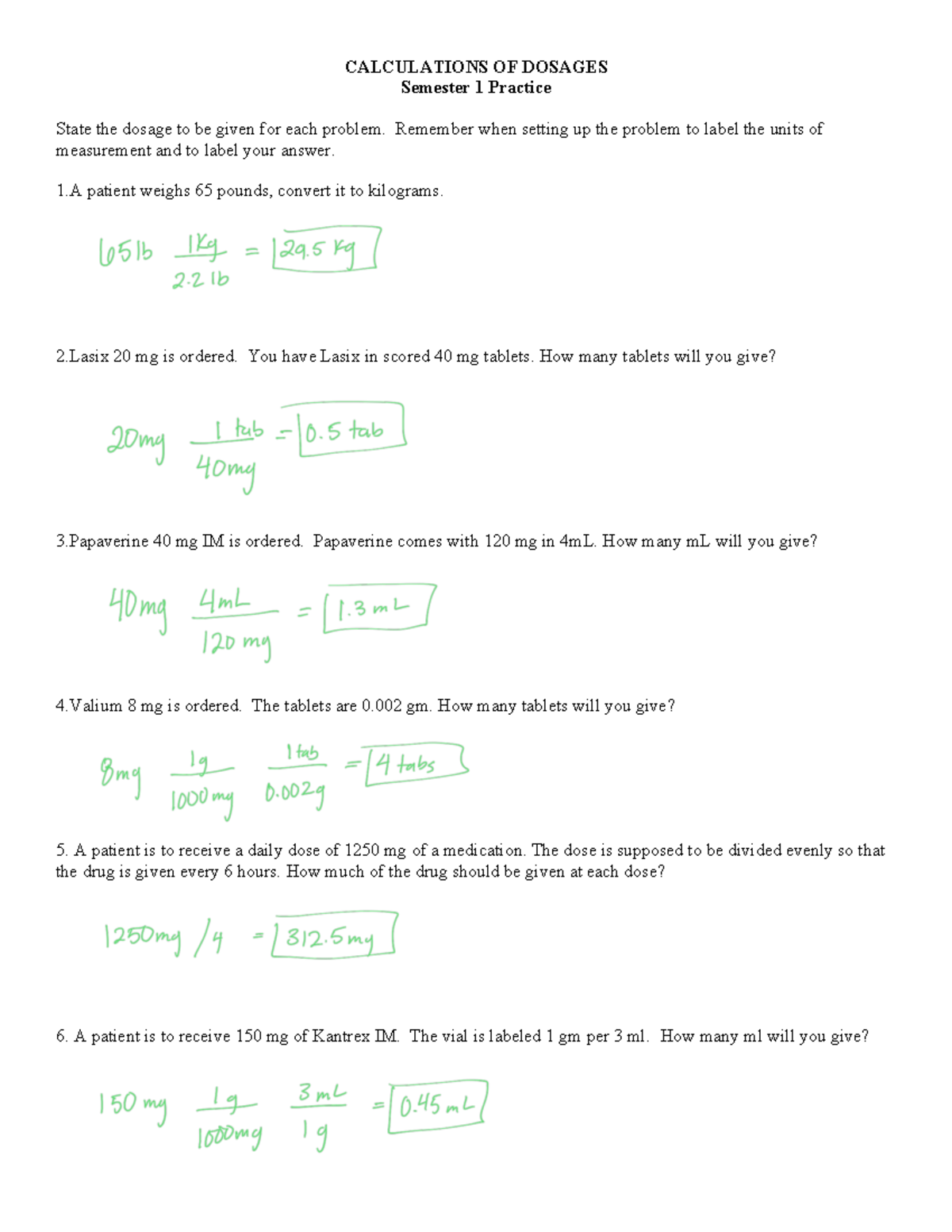 Dosage Calculation Practice Worksheet - Tagged - CALCULATIONS OF ...