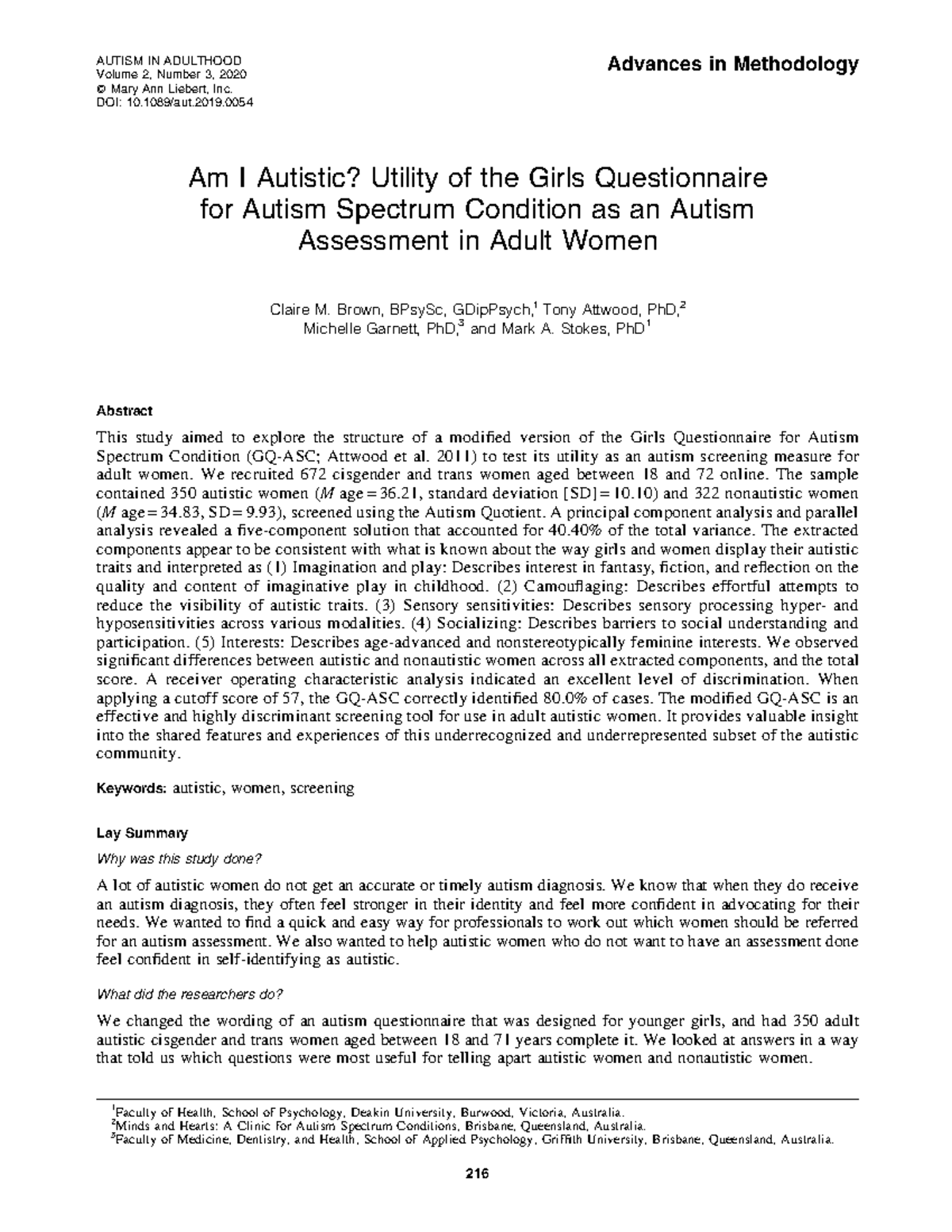 Am I Autistic? Utility of the Girls Questionnaire for Autism Spectrum ...