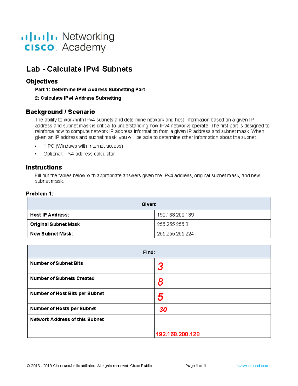 11 6 6 Lab Calculate Ipv4 Subnets Docx Objectives Part 1 Determine