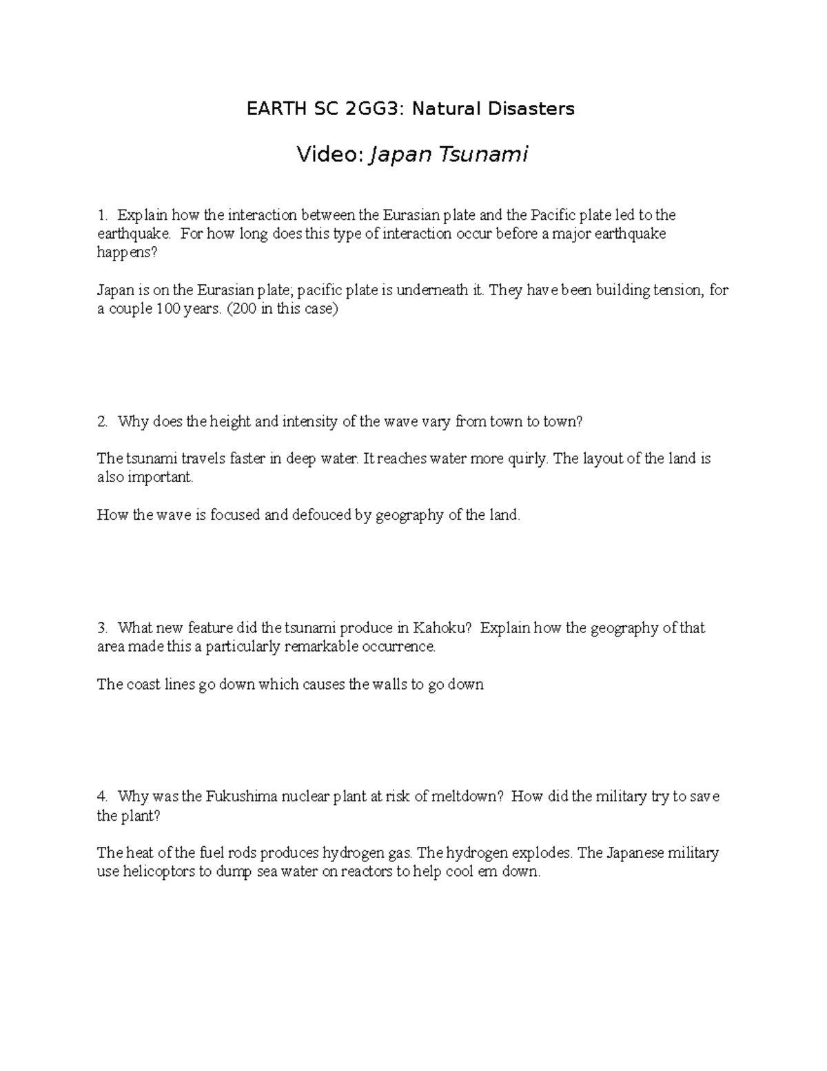 Video Questions - Japan Tsunami - EARTH SC 2GG3: Natural Disasters ...