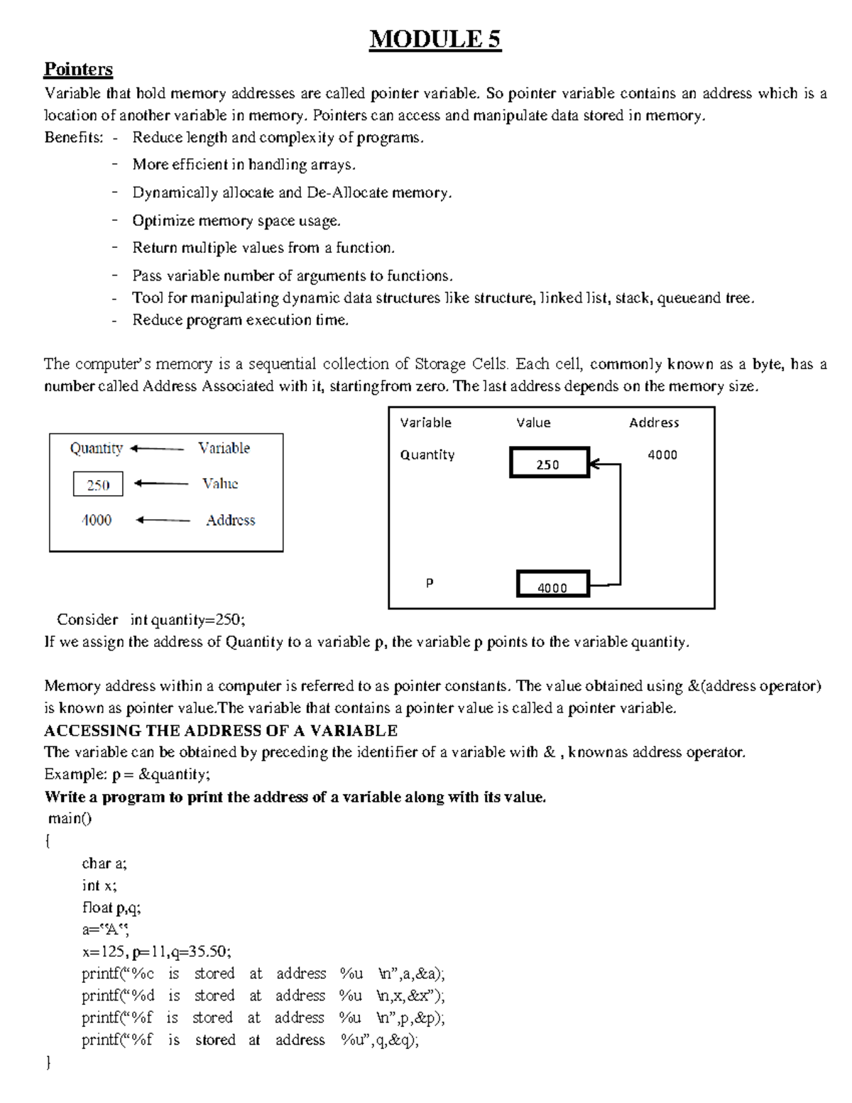 Module 5(Short) - Variable Value Address Quantity 4000 P 4000 250 MODULE 5 Pointers Variable ...