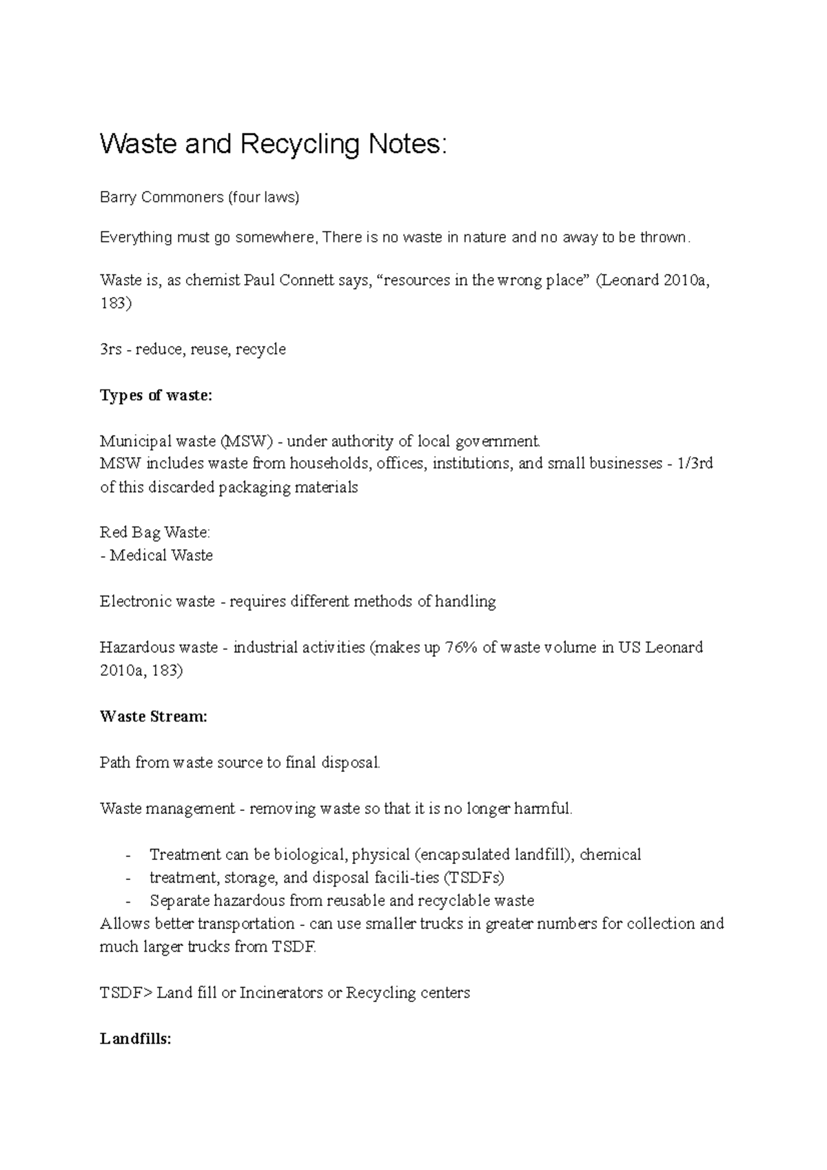 Waste and Recycling Notes - Waste and Recycling Notes: Barry Commoners ...