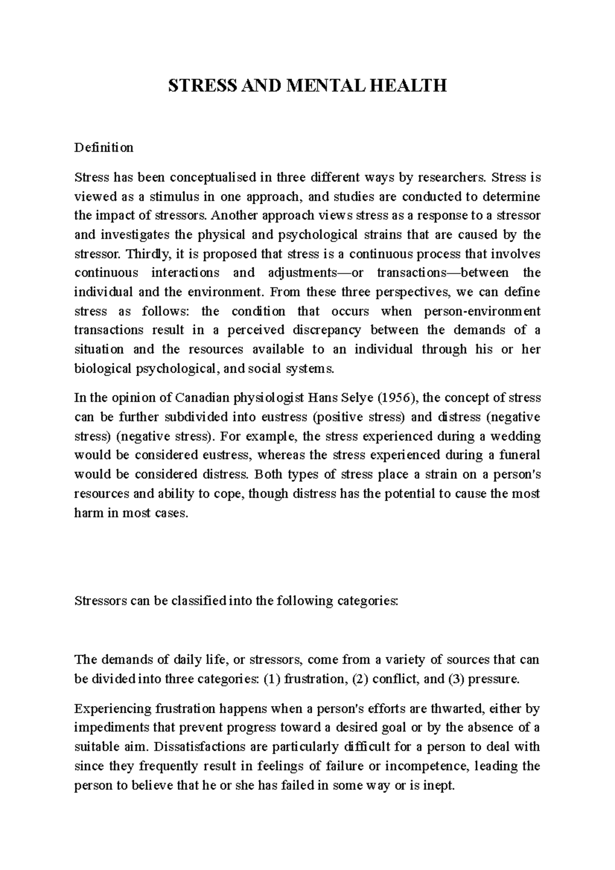 Stress AND Mental Health - STRESS AND MENTAL HEALTH Definition Stress ...