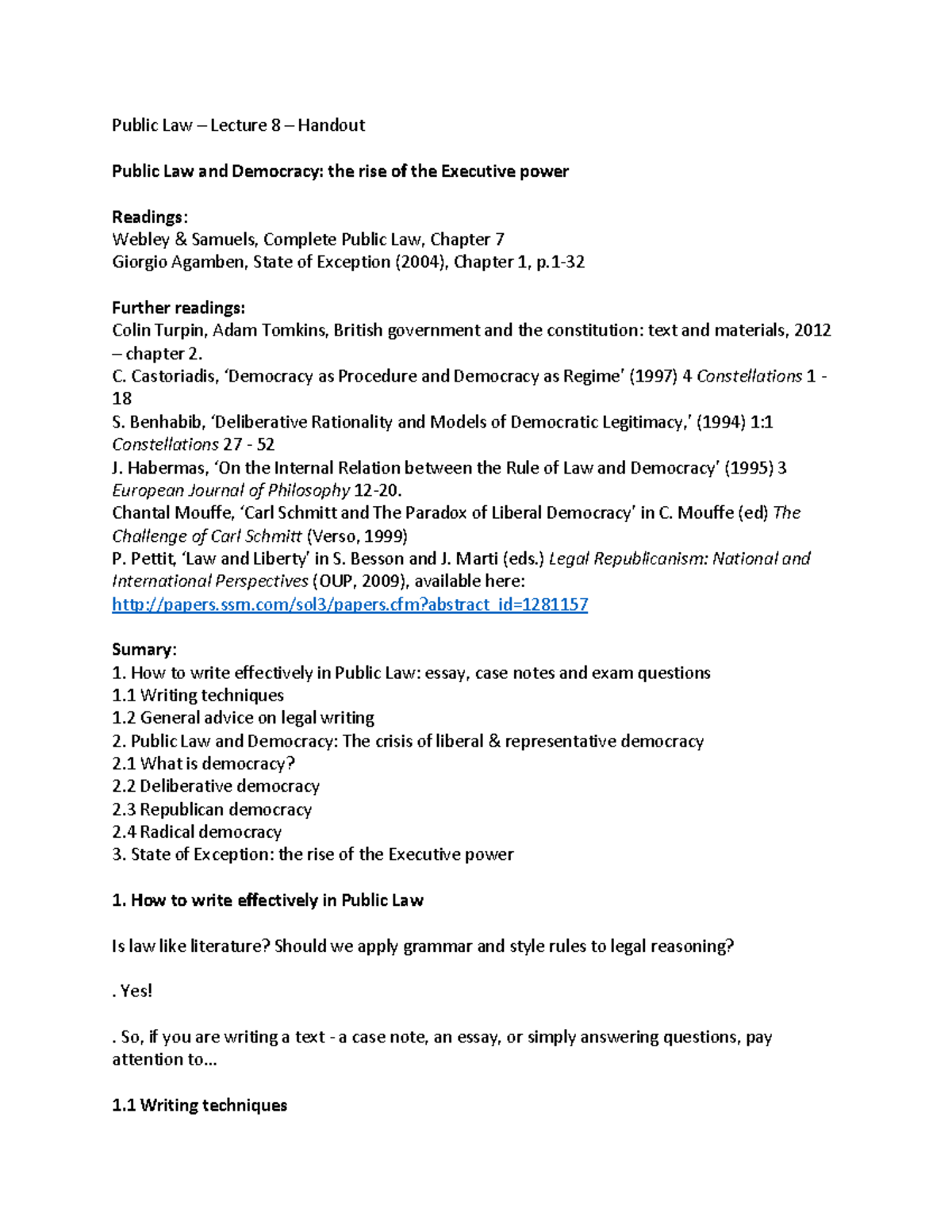 Public Law - Lecture 8 - Public Law and Democracy - Public Law – Lecture 8 – Handout Public Law ...