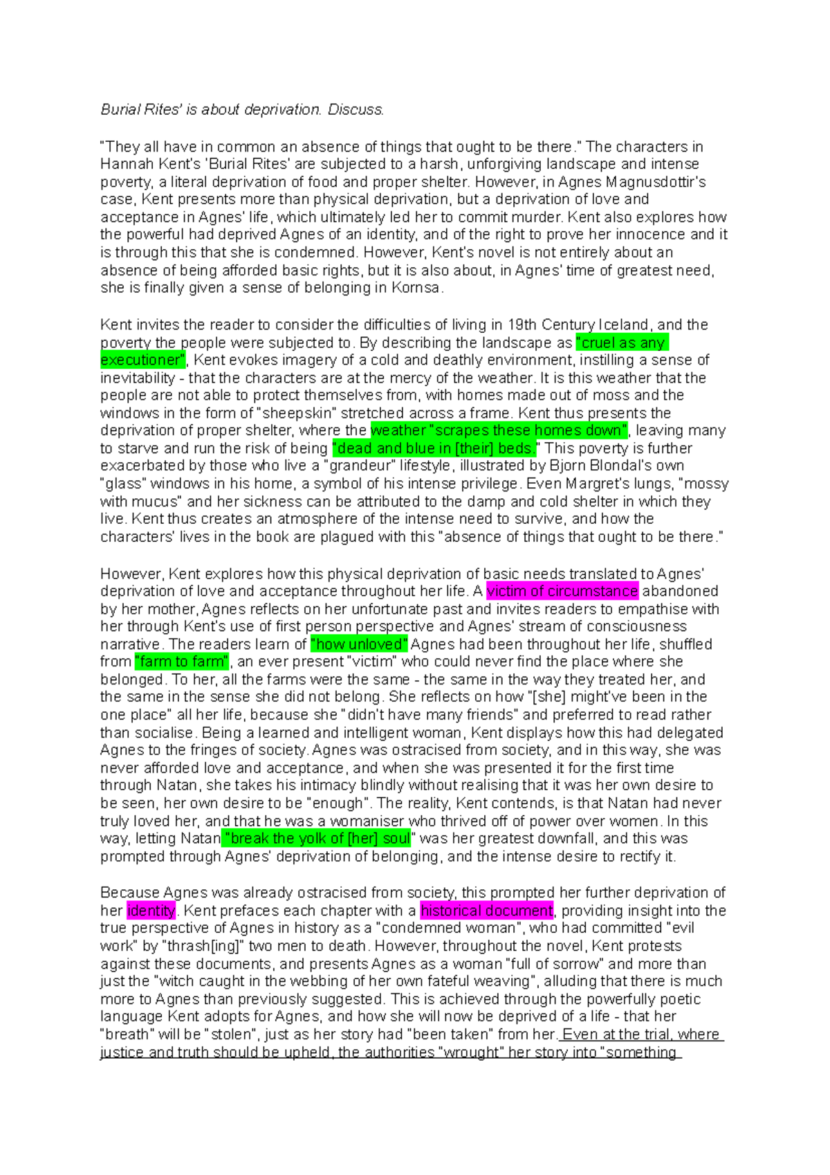 Burial Rites - Burial Rites’ is about deprivation. Discuss. “They all ...