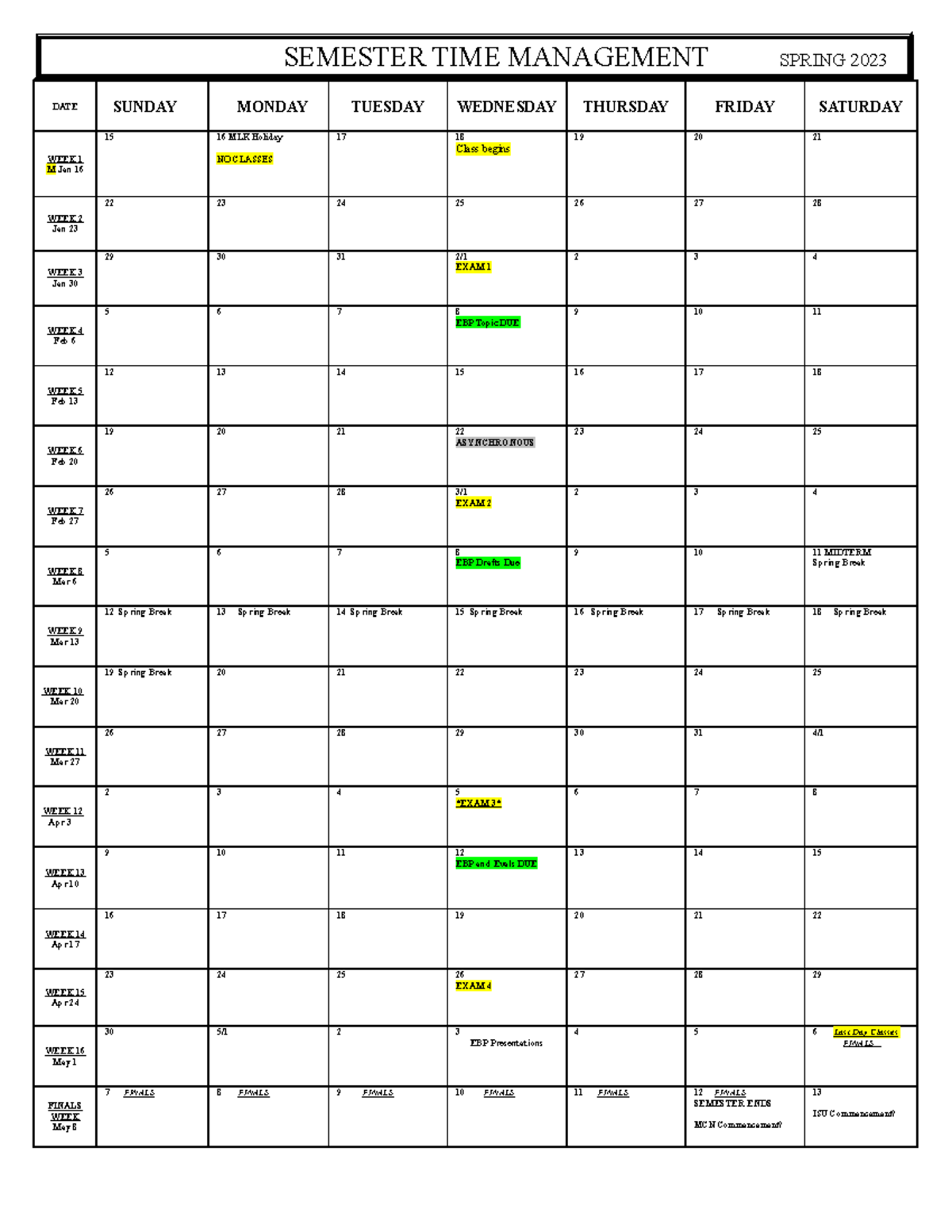 23SP+Semester+Time+Management+ 1 - SEMESTER TIME MANAGEMENT SPRING 2023 ...