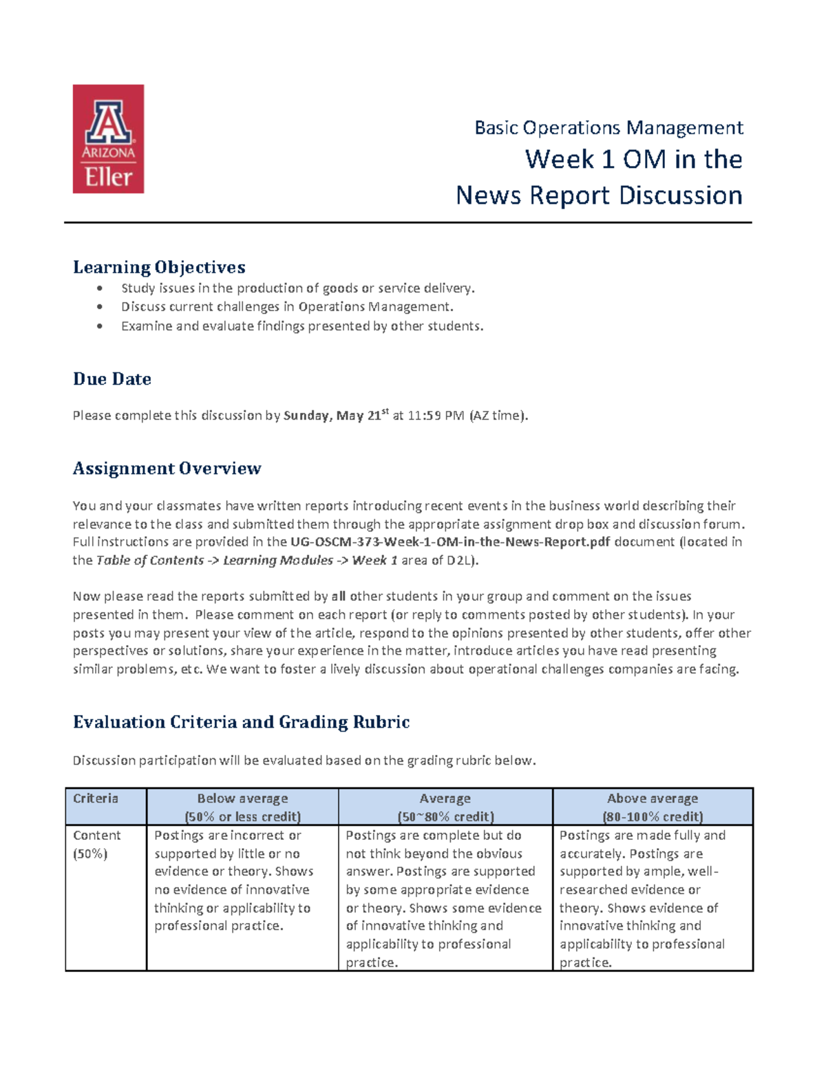 UG OSCM 373 Week 1 OM Report Discussion - Basic Operations Management ...