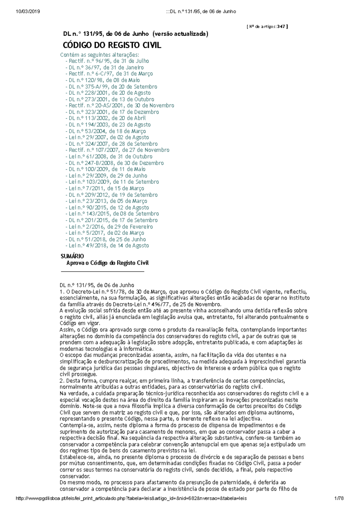 Código do Registo Civil (atualizado até à L 49-2018 de 14 de agosto) - [ Nº de artigos:347 ] DL ...