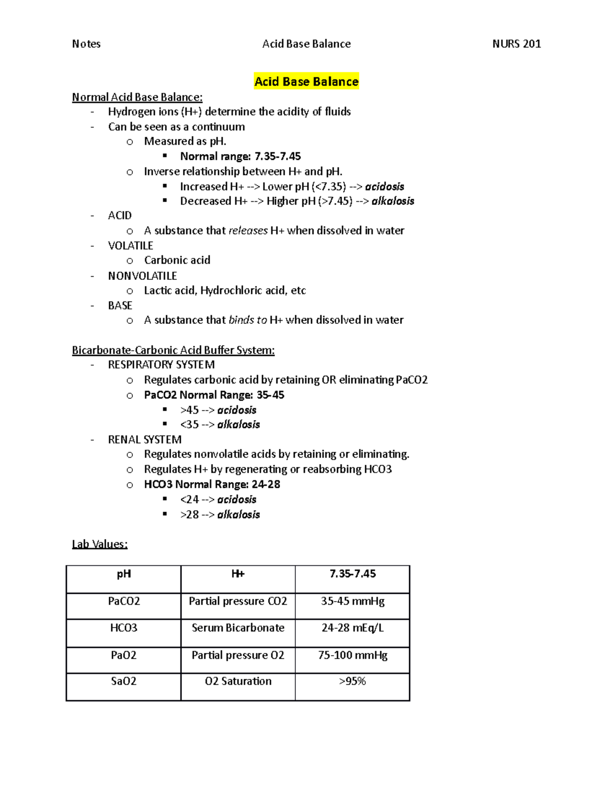 Acid Base Balance Outline Notes - Acid Base Balance Normal Acid Base ...