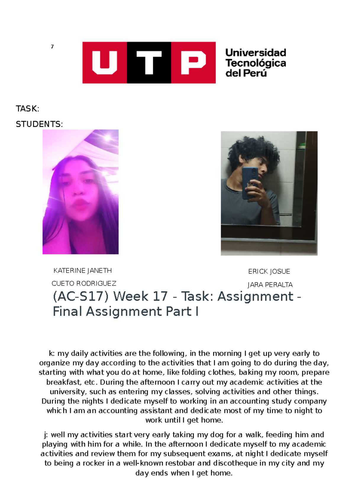 Week 17 - Task josue khaterine - 7 k: my daily activities are the ...