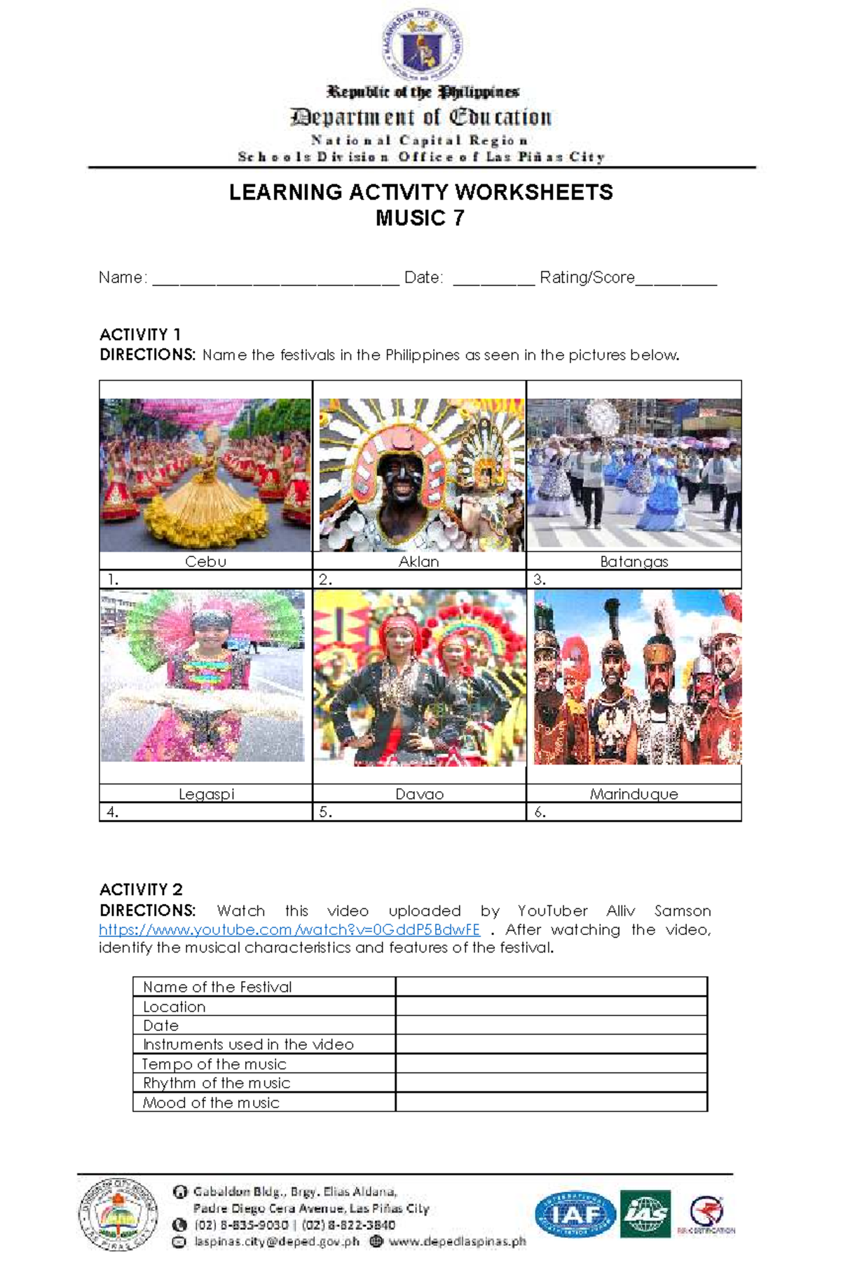 W1-2 Music EDUCATION - LEARNING ACTIVITY WORKSHEETS MUSIC 7 Name