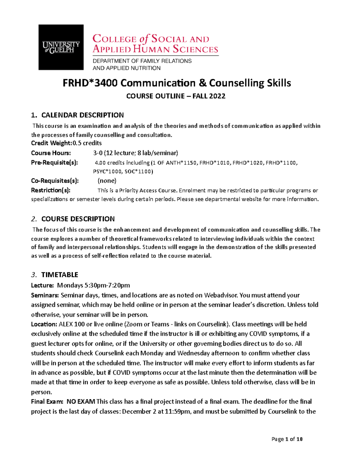 FRHD 3400 Counselling Skills[ 21] - FRHD*3400 Communicaon & Counselling ...