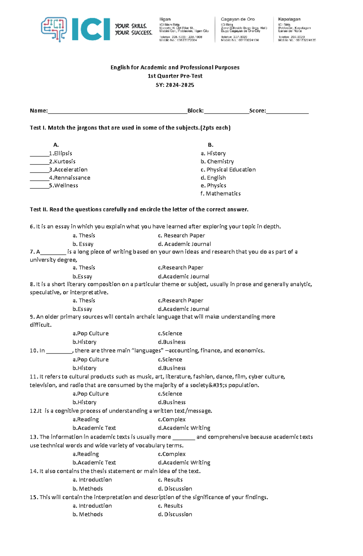 Pre-Test-ACAD - pre test - English for Academic and Professional ...
