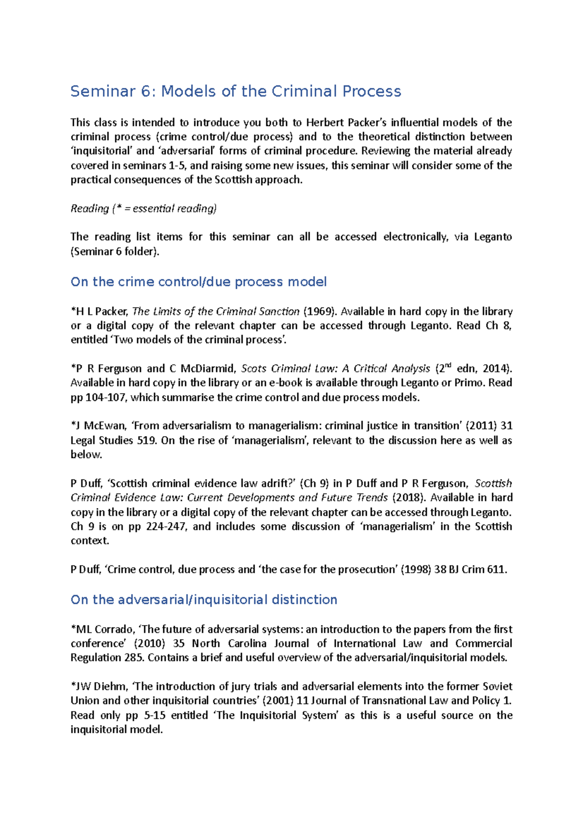 Seminar 6 - Questions - Seminar 6: Models of the Criminal Process This ...