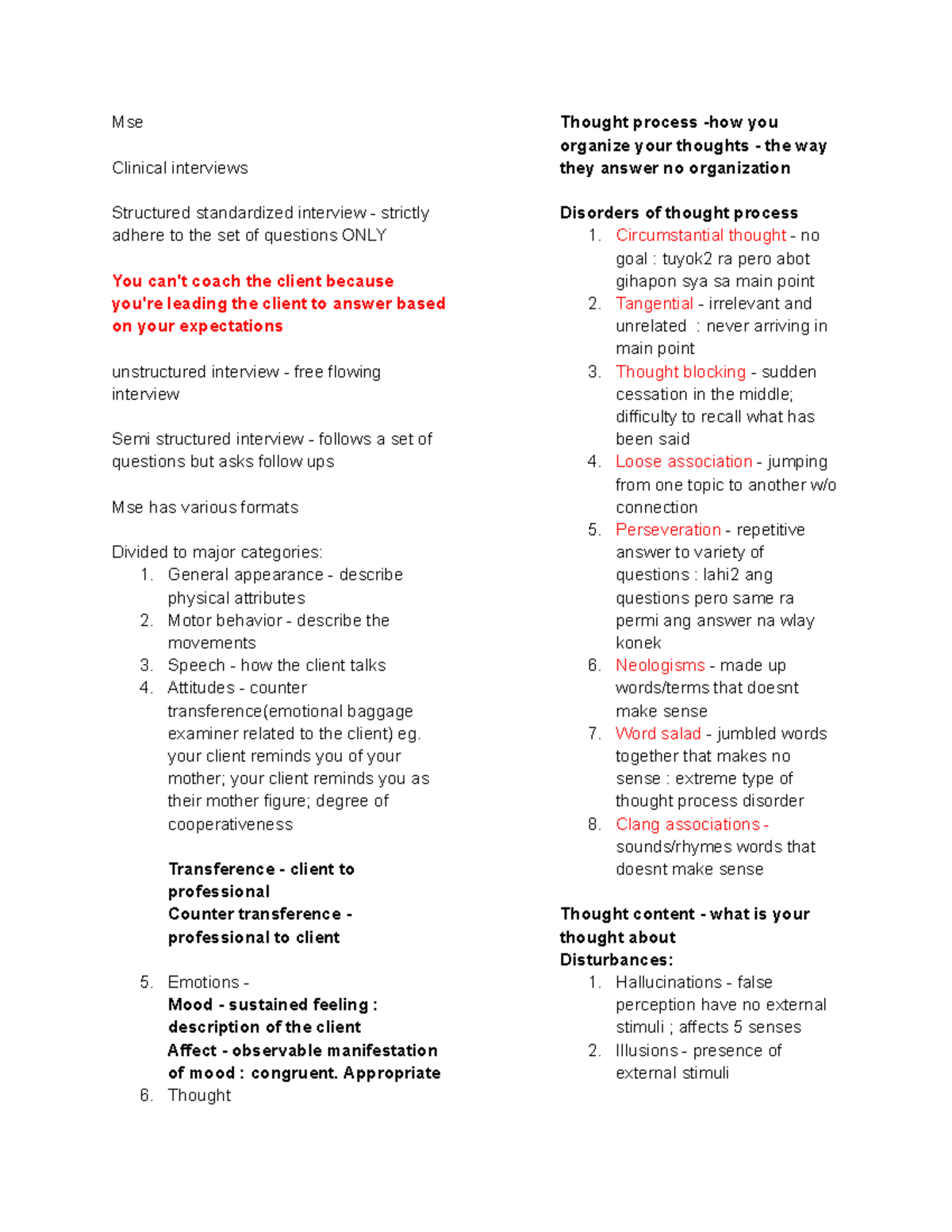 Mental Status Exam Notes - Mse Clinical interviews Structured ...
