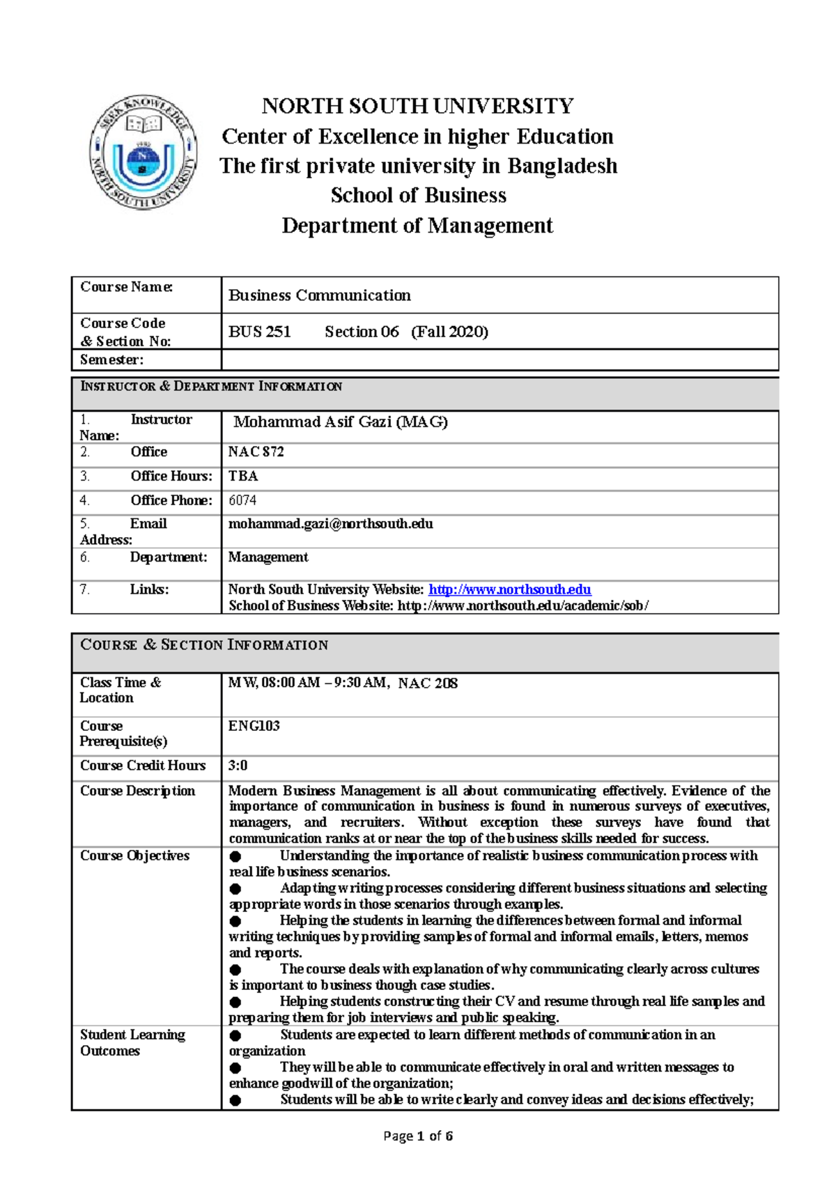 BUS 251 Business Communication course outline Fall 2020 MAG - NORTH ...