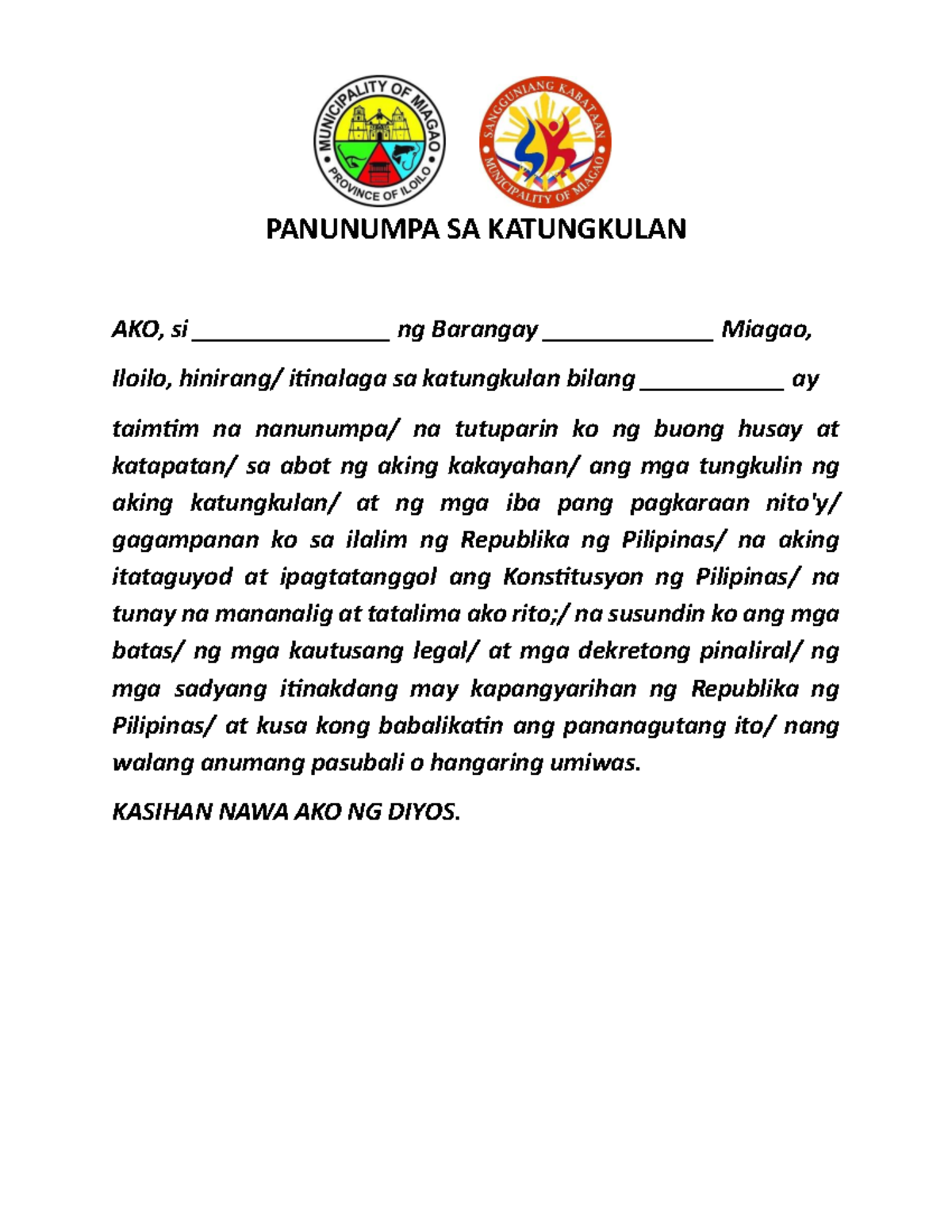 Panunumpa-SA- Katungkulan - PANUNUMPA SA KATUNGKULAN AKO, si ...