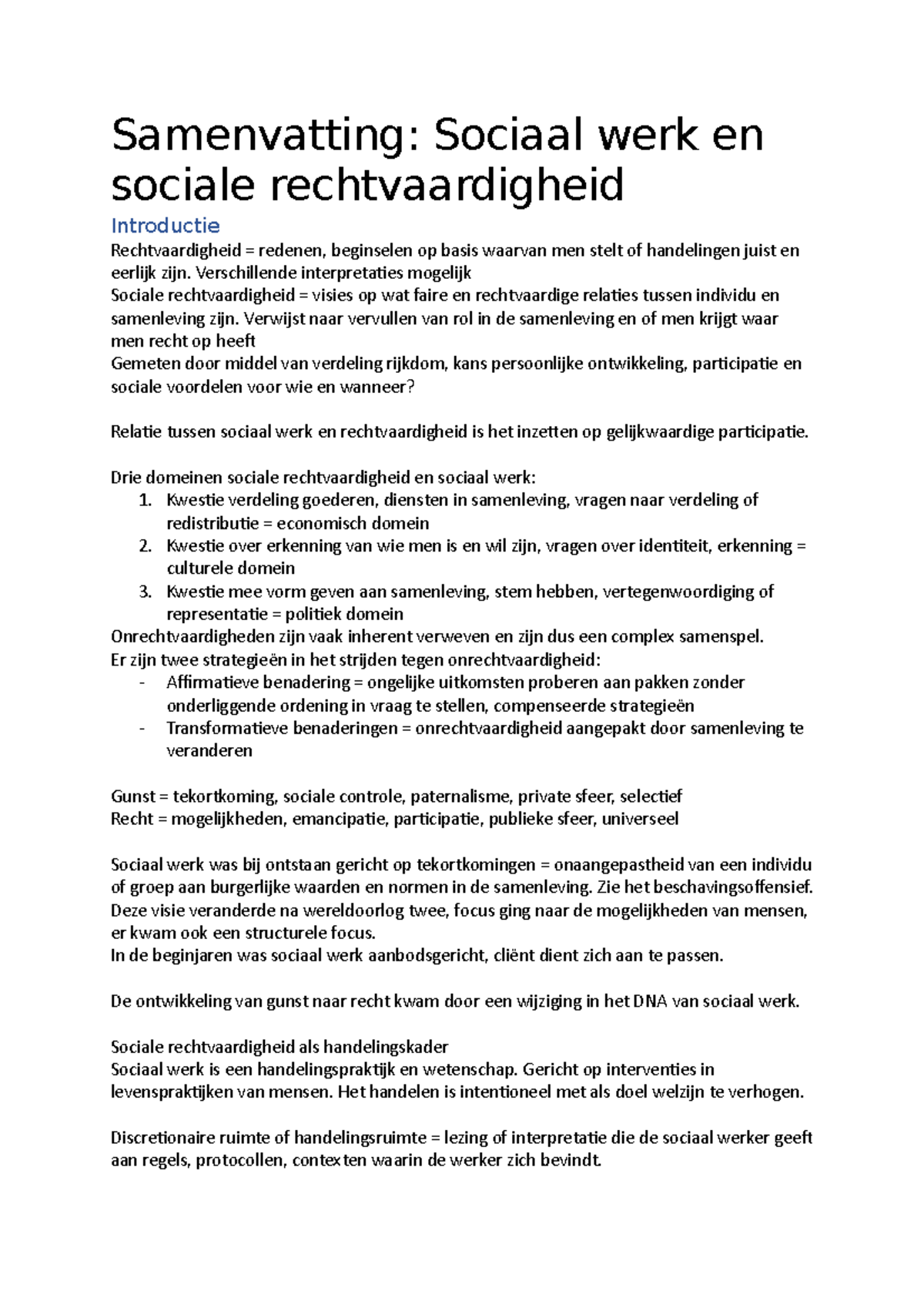 Samenvatting sociaal werk en sociale rechtvaardigheid - Samenvatting: Sociaal werk en sociale ...