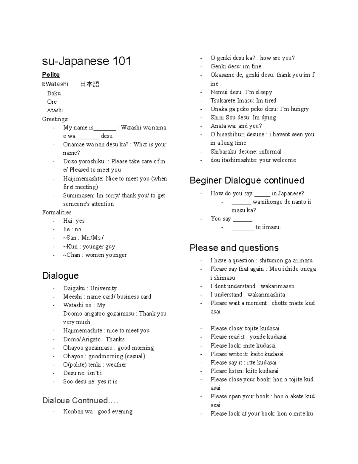 Japanese 101 - 102 notes - ####### su-Japanese 101 Polite I:Watashi 日本語 ...