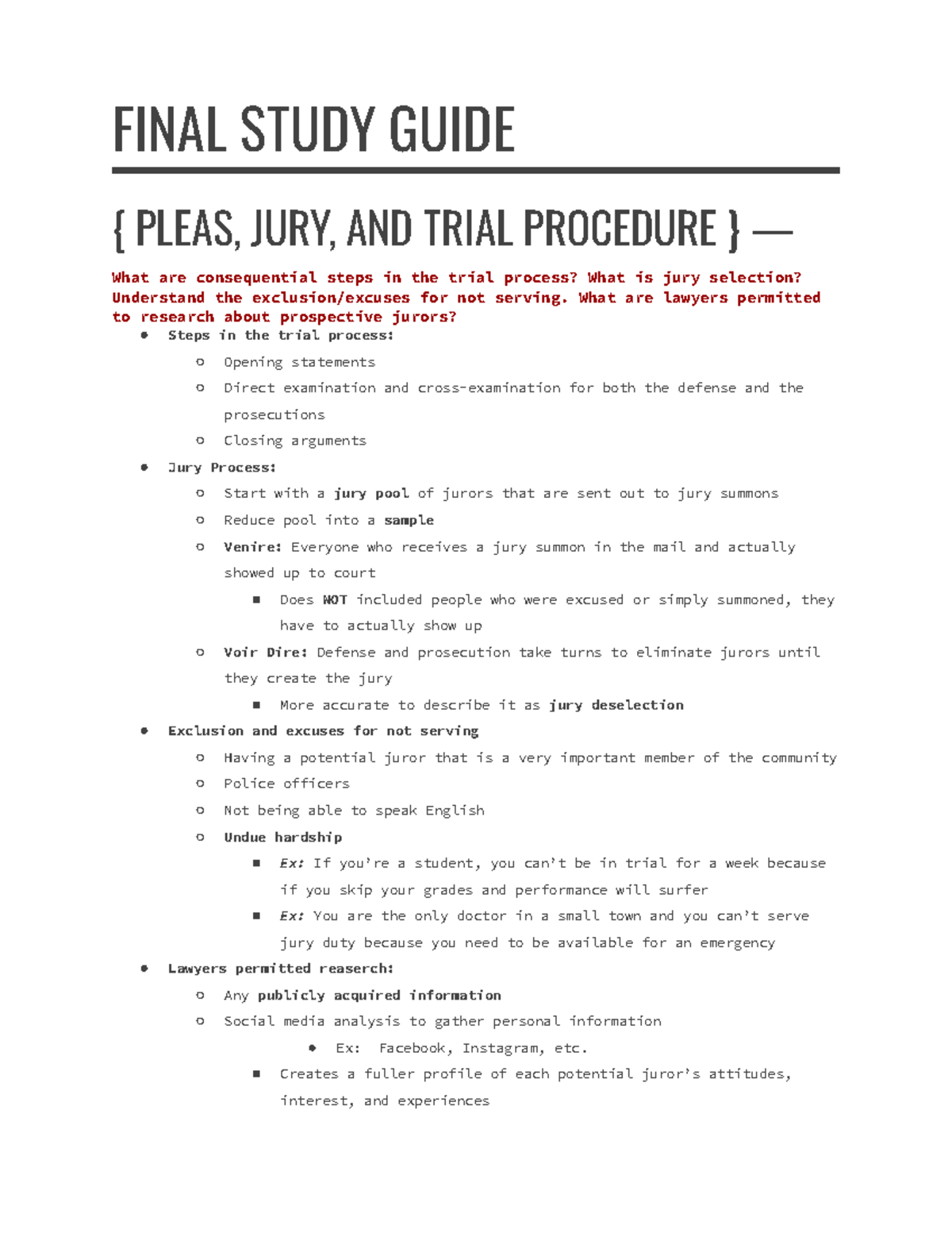 317 Final Guide - FINAL STUDY GUIDE { PLEAS, JURY, AND TRIAL PROCEDURE } — What are ...
