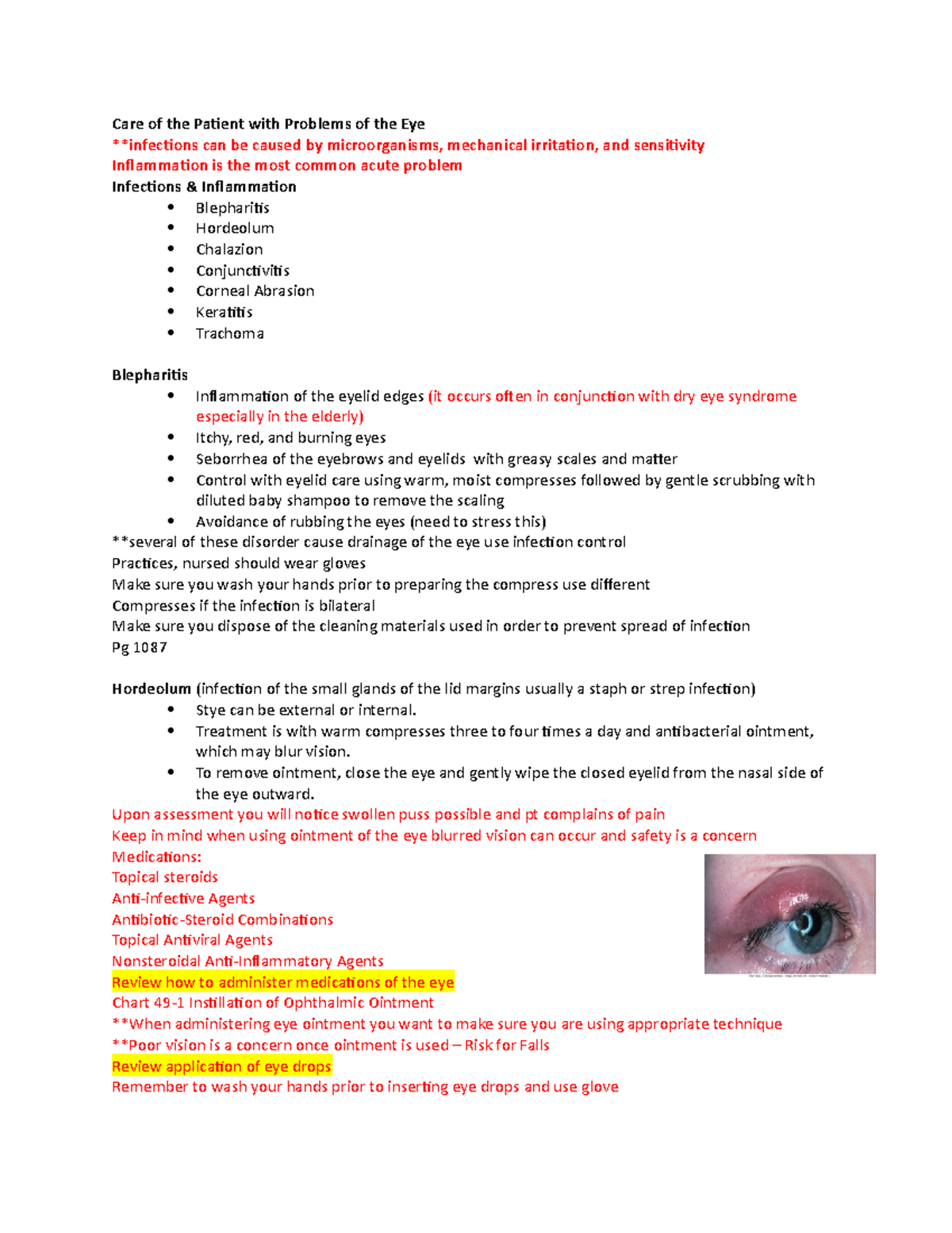 NUR308 Eye - Eye section notes - Care of the Patient with Problems of ...