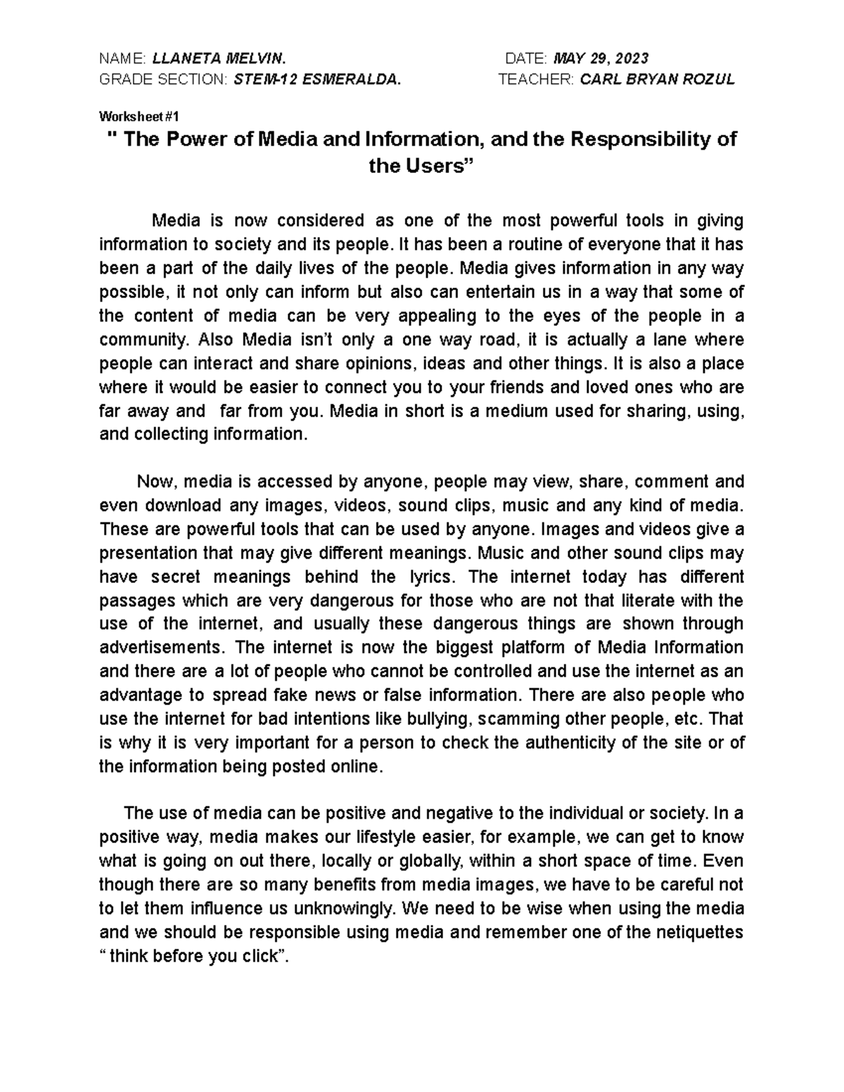 A. Mil Worksheets 1-6 - GRADE SECTION: STEM-12 ESMERALDA. TEACHER: CARL ...