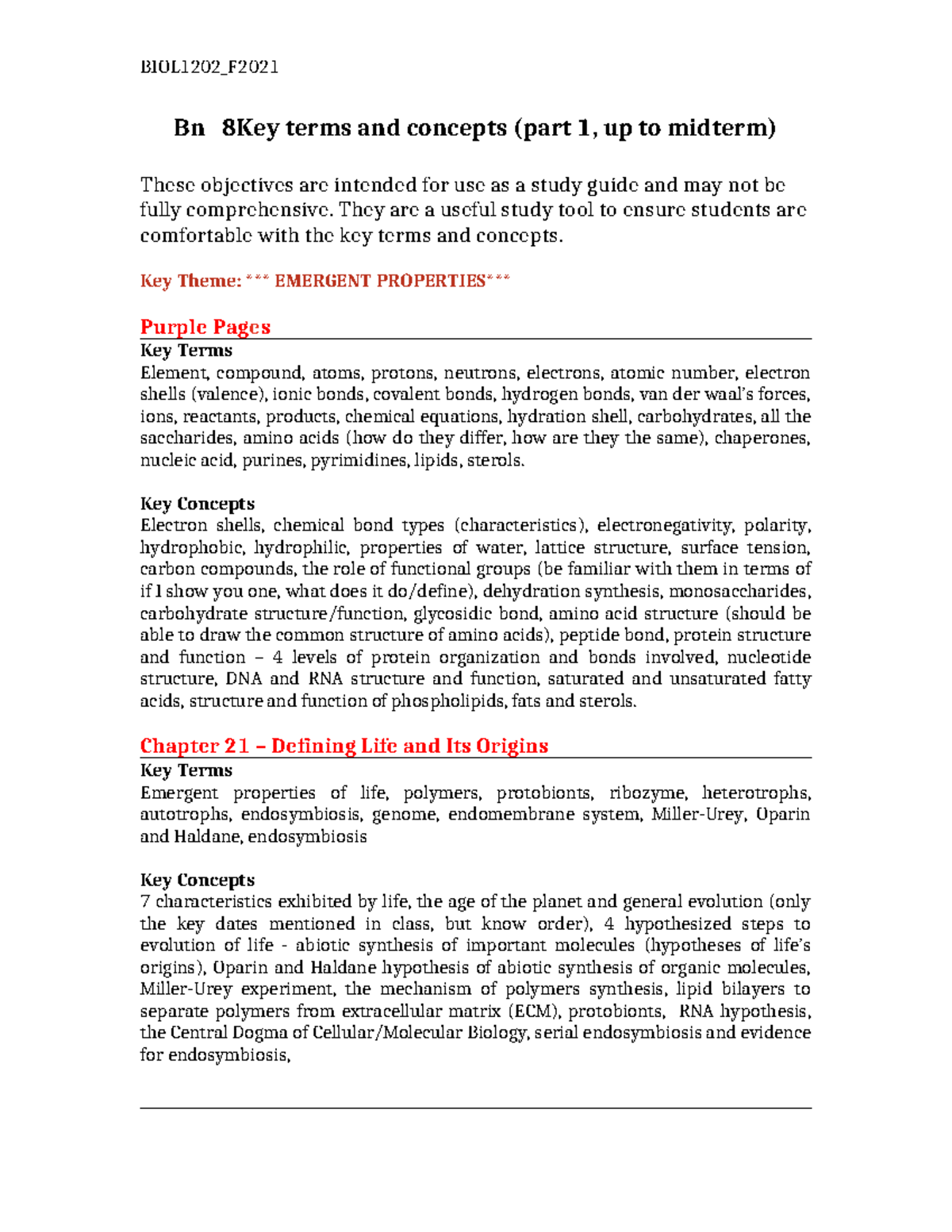 Objectives Biol 1202 part 1 AMB F2021 - BIOL1202_F Bn 8Key terms and ...
