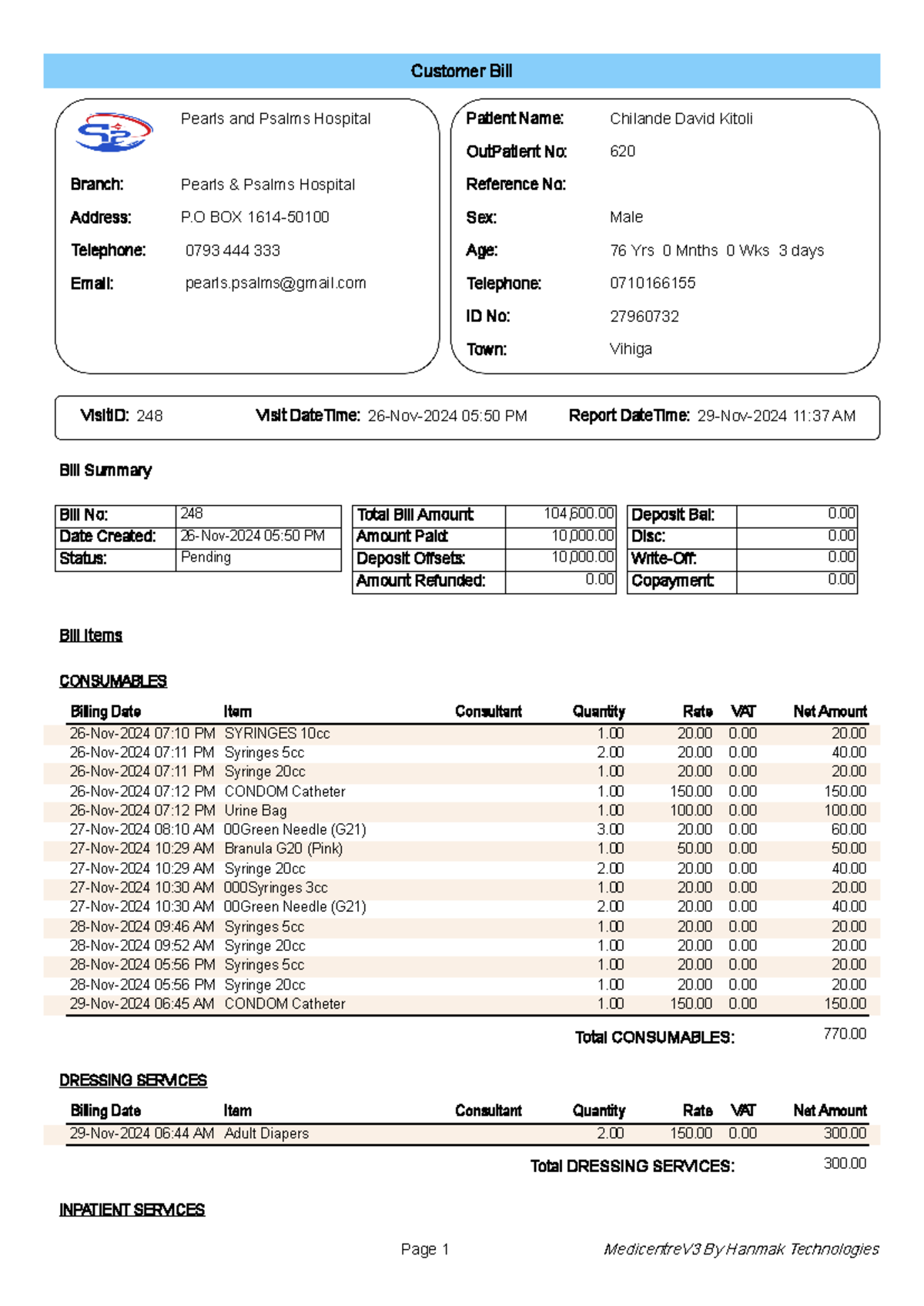 Customer Bill Visit ID 248 - Customer Bill Pearls and Psalms Hospital P ...