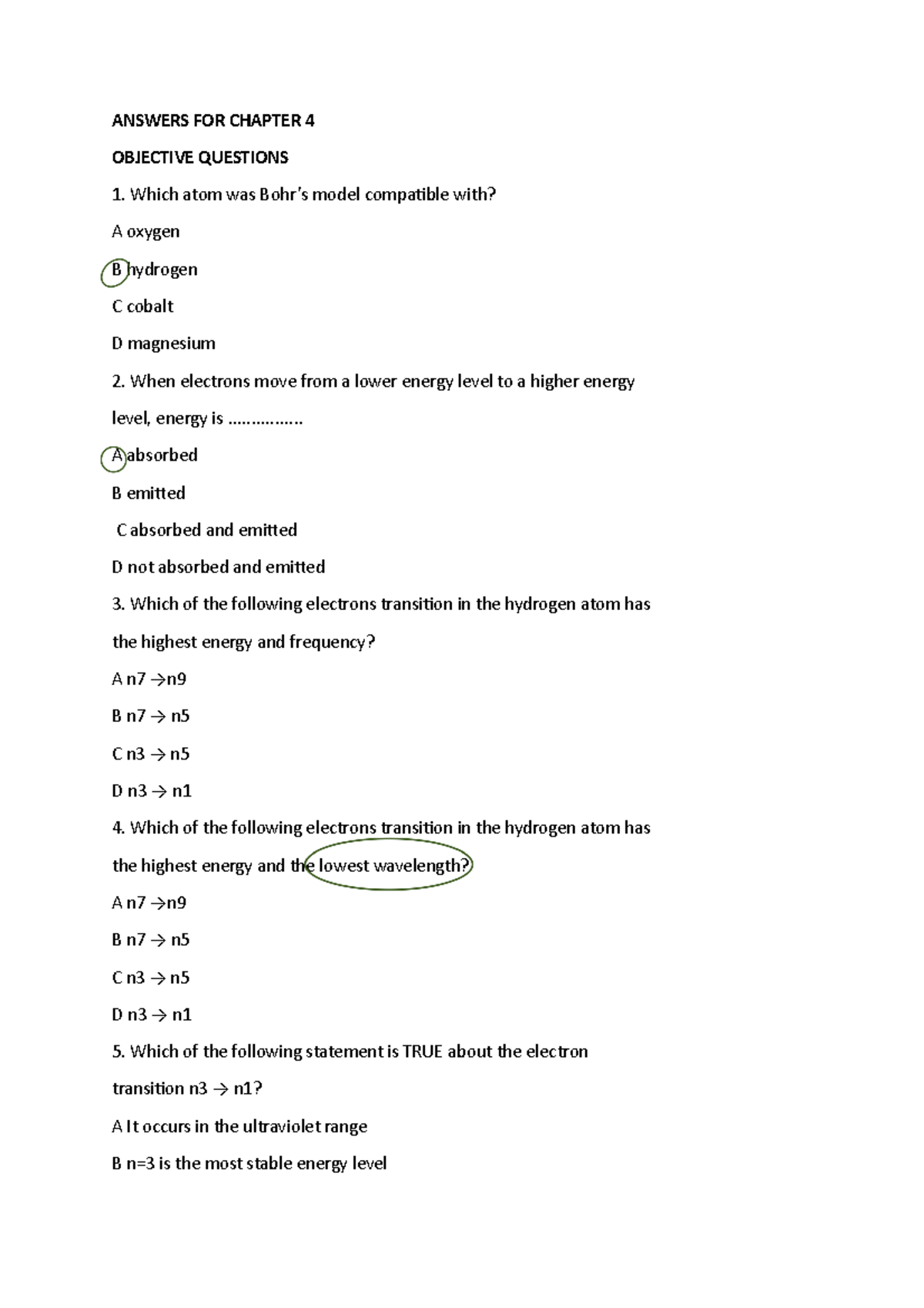 Tutorial Questions Atomic Model - ANSWERS FOR CHAPTER 4 OBJECTIVE ...