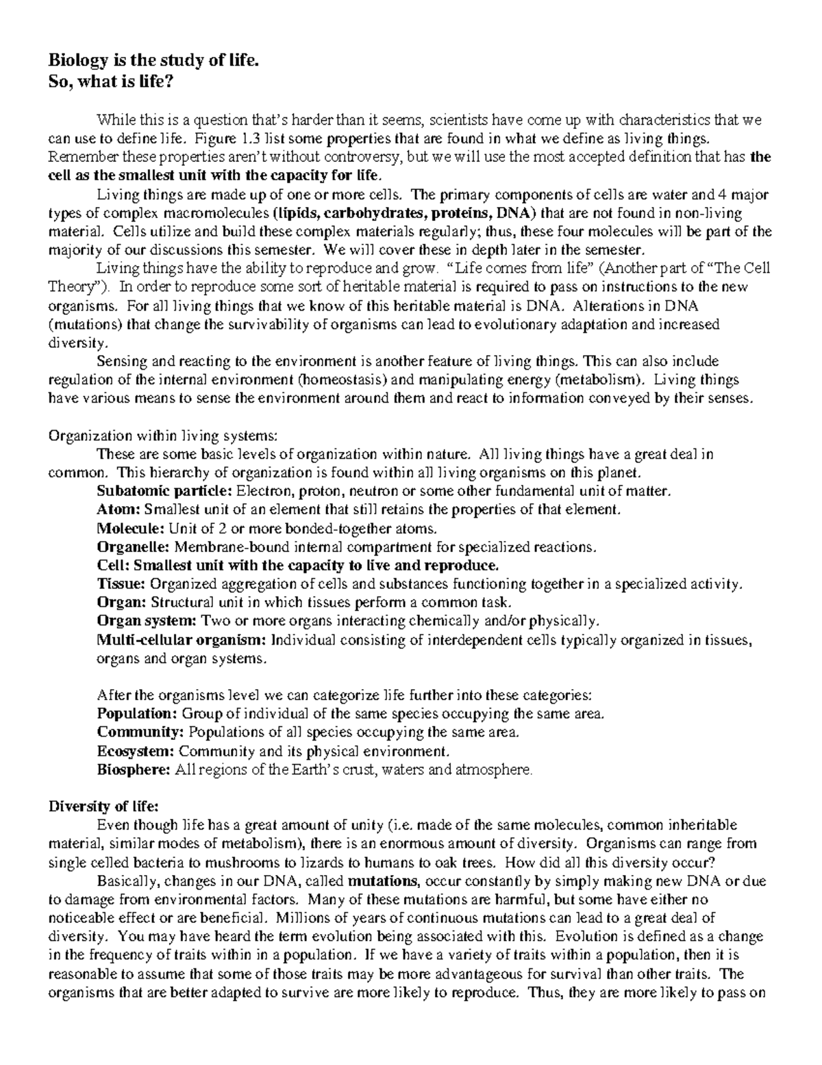 Biology Chapter 1 - Introduction - Biology is the study of life. So ...