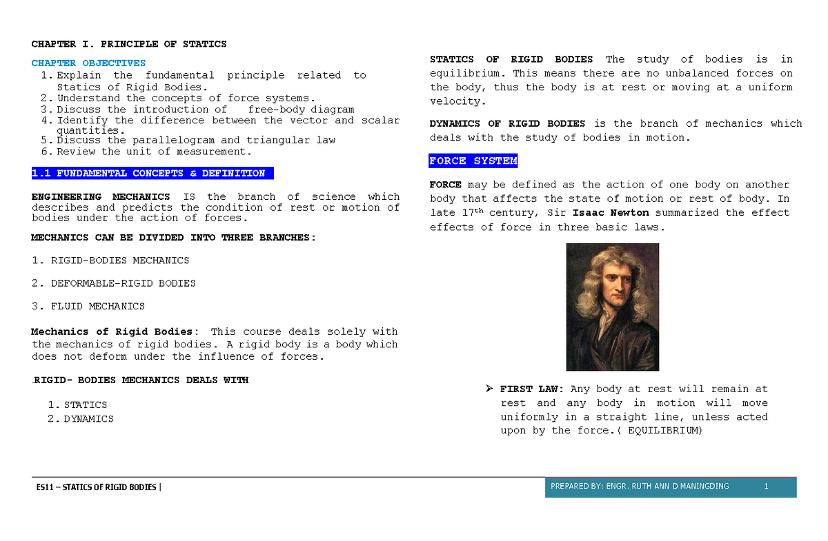 ES 101 Statics of Rigid Bodies Study Guide 1 - CHAPTER I. PRINCIPLE OF ...