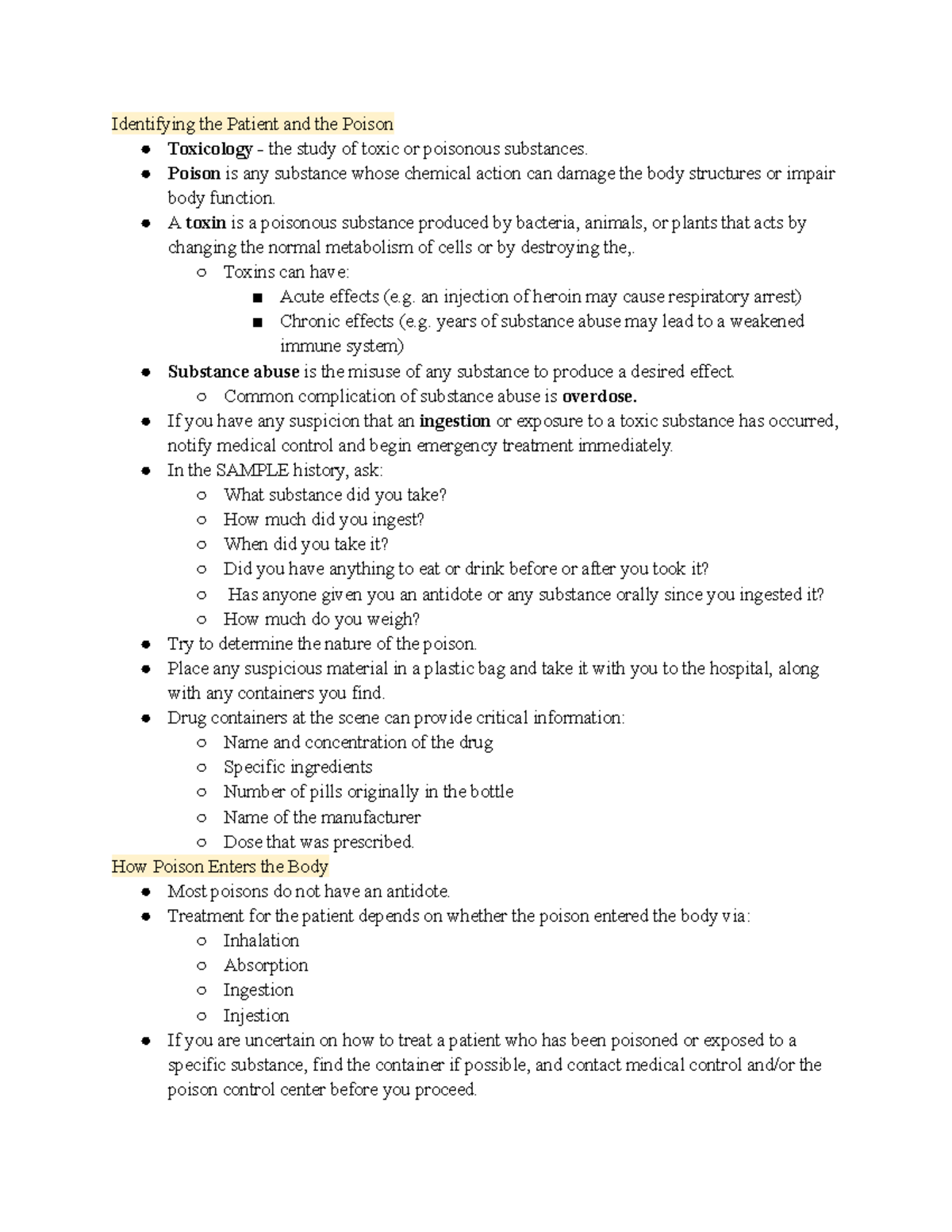 EMS Chapter 22 Notes - Identifying the Patient and the Poison ...