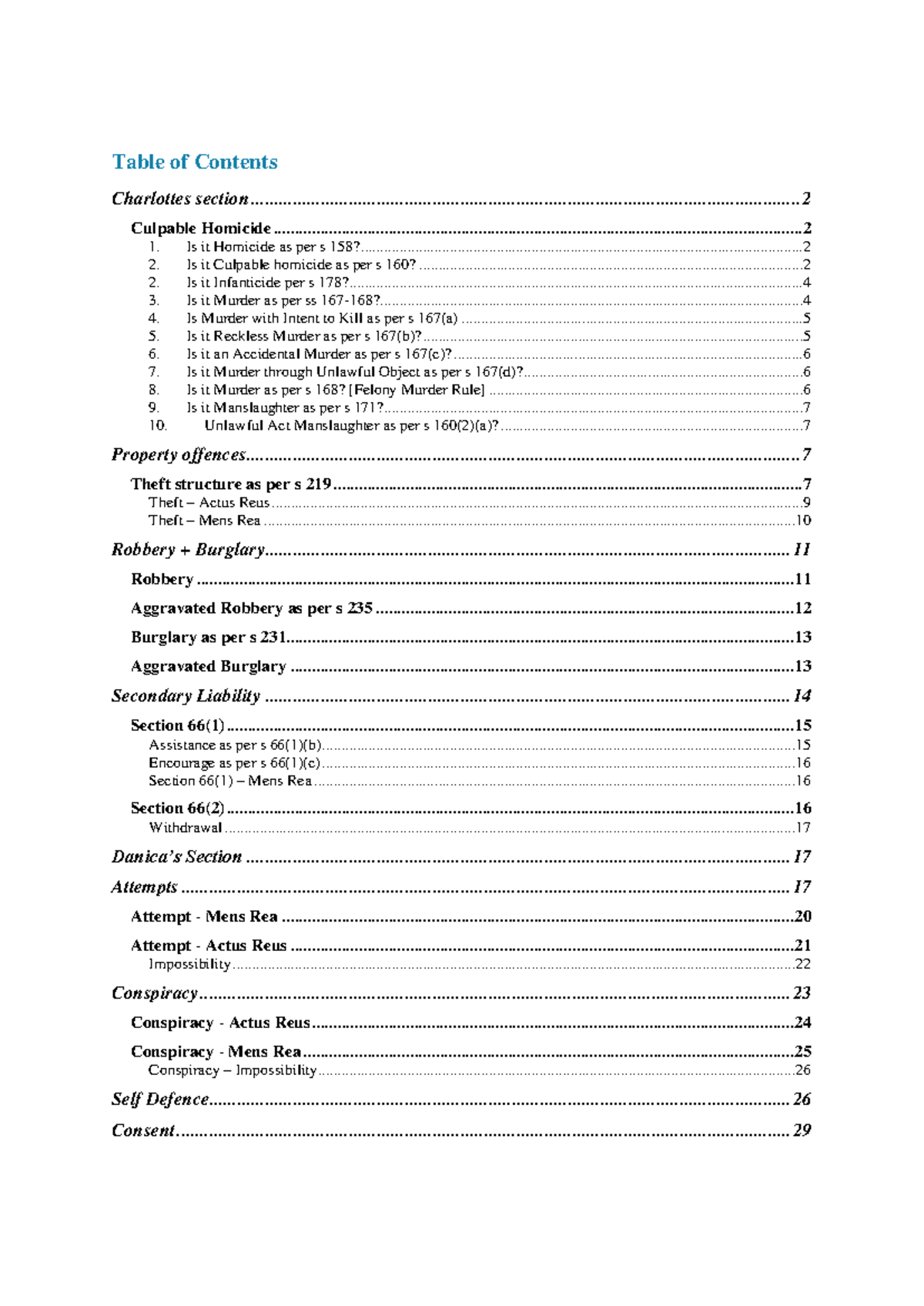 LAWS214 - Cheat Sheet - EXAM - Table of Contents Charlottes section ...