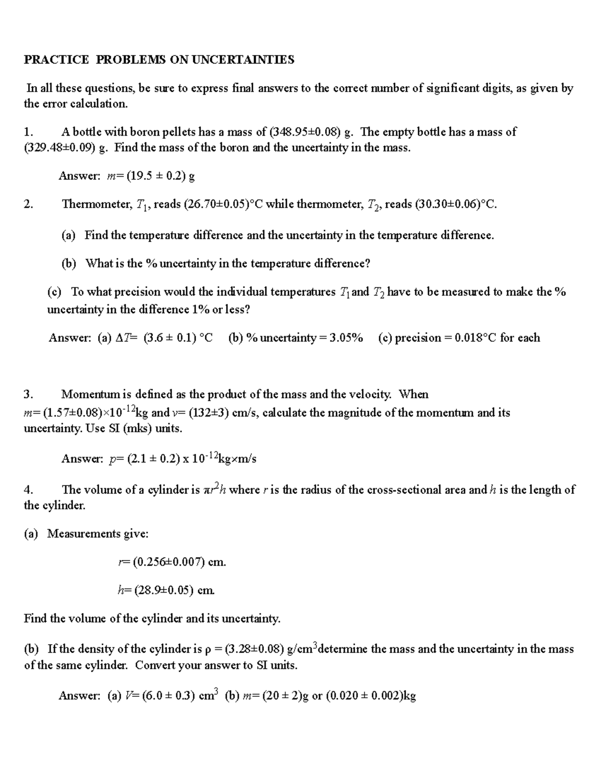 Practice Problems on Uncertainties - PRACTICE PROBLEMS ON UNCERTAINTIES ...