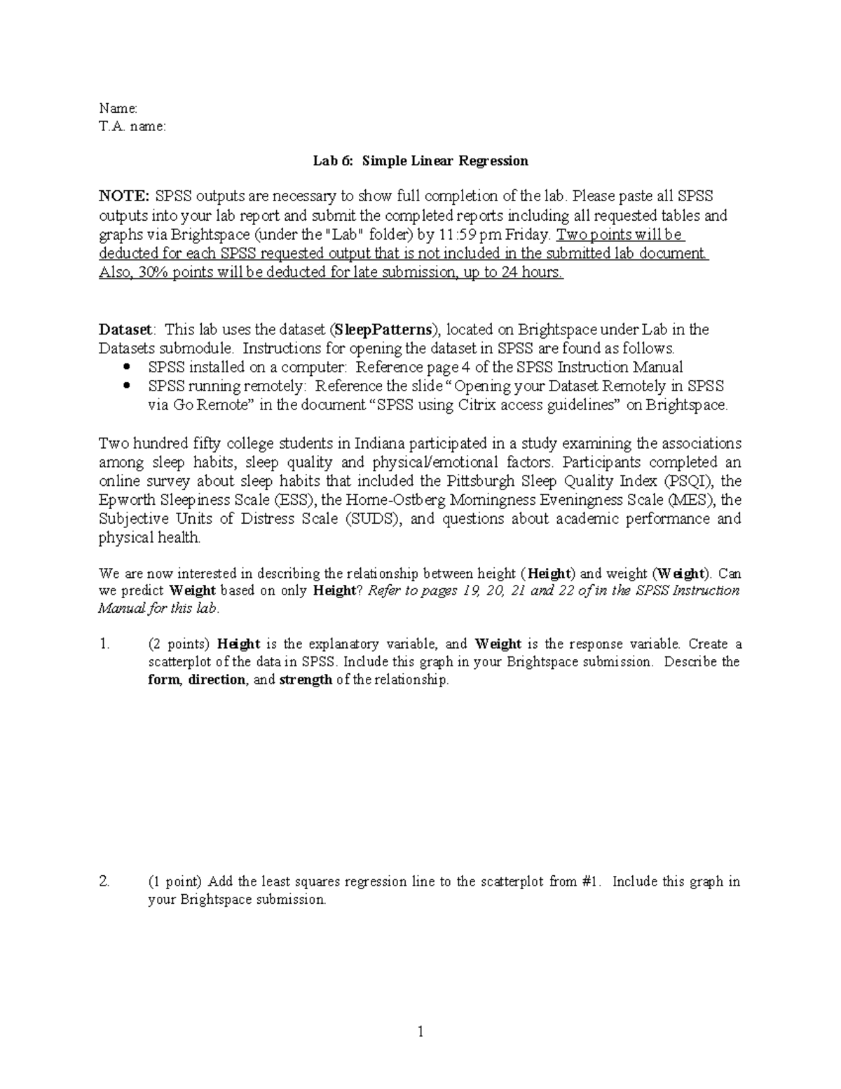 Lab 6-Simple Linear Regression Final - Name: T. name: Lab 6: Simple Linear Regression NOTE: SPSS ...