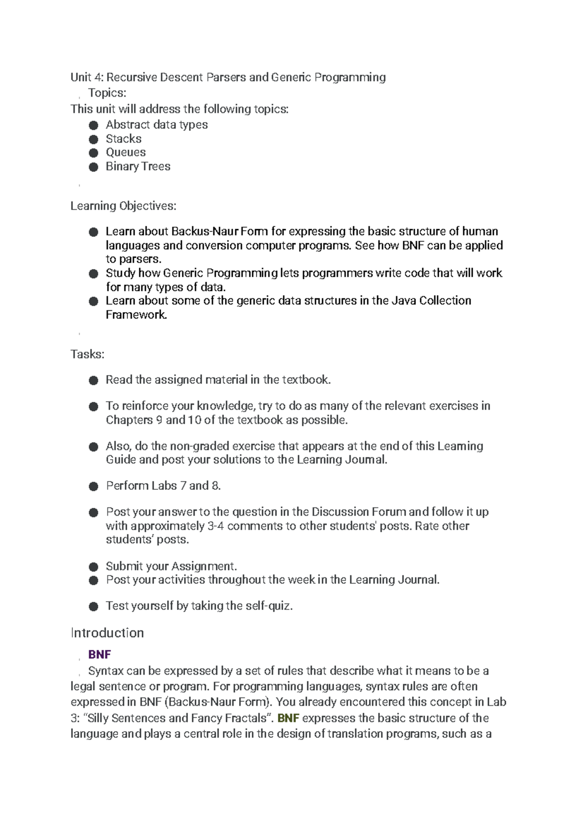 Unit 4 Recursive Descent Parsers and Generic Programming - Unit 4: Recursive Descent Parsers and ...
