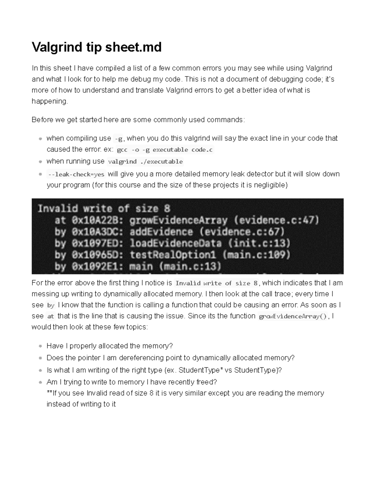 Valgrind tip sheet - This is not a document of debugging code; it’s more of how to understand ...