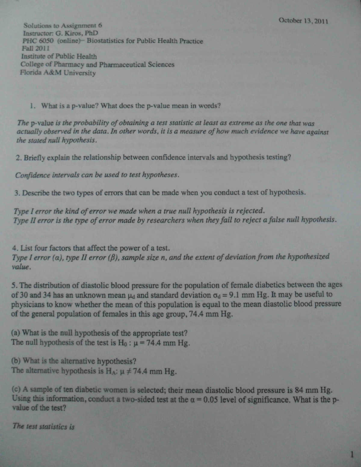 Homework Assignment 6 - PHC 6050 - Studocu