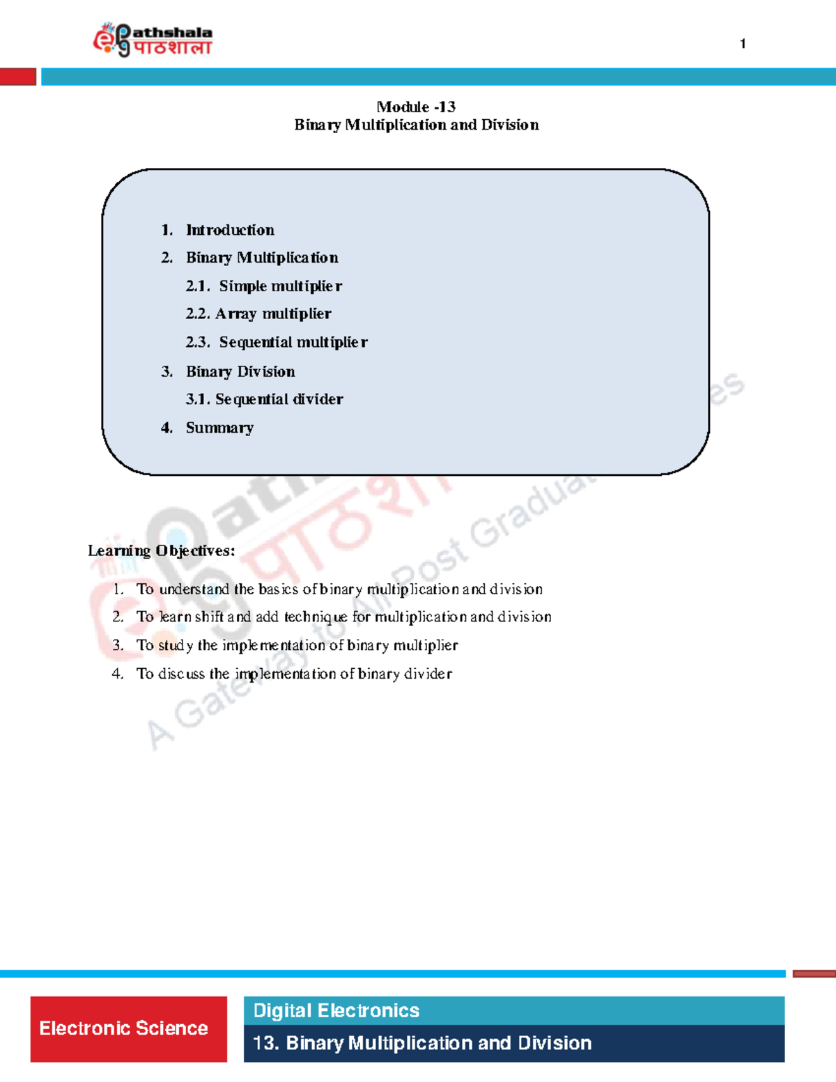tModule -13 Binary Multiplication and Division - Electronic Science ...