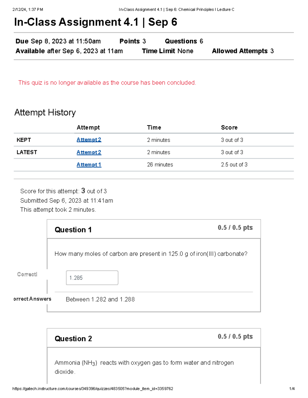 In-Class Assignment 4.1 Sep 6 Chemical Principles I Lecture C - In-Class Assignment 4 | Sep 6 ...
