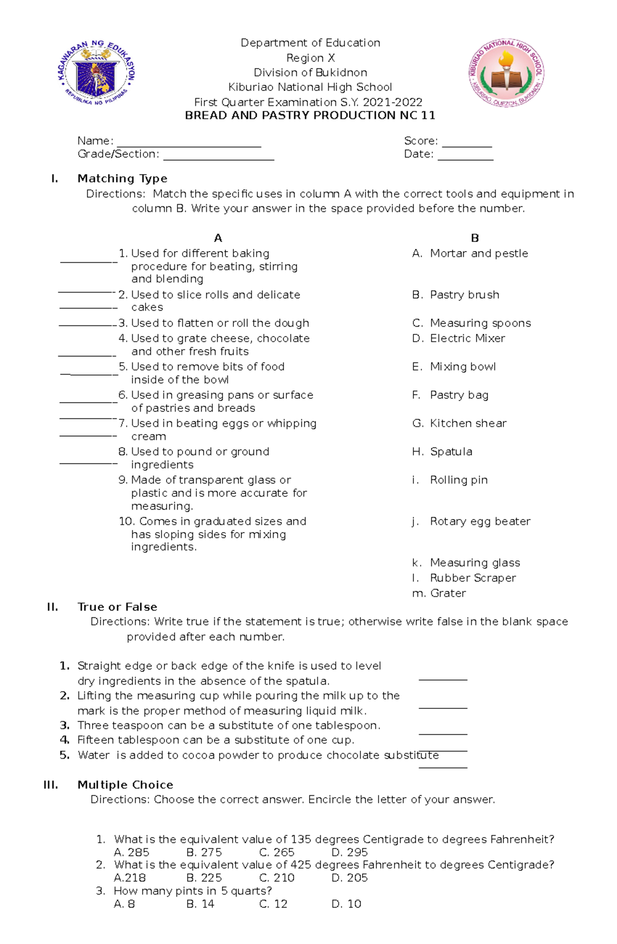 BPP 1st quarter exam - Department of Education Region X Division of ...