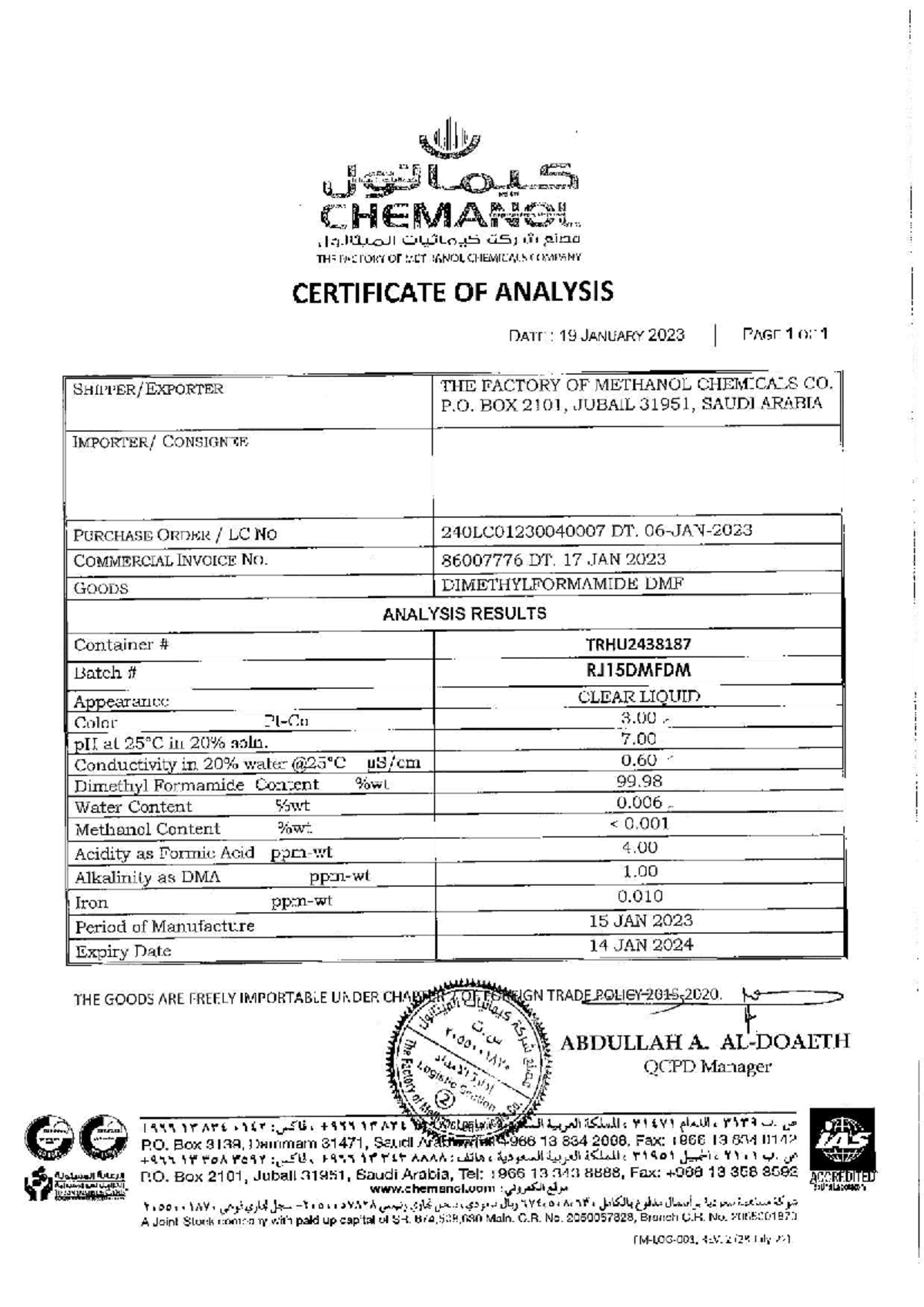 DMF COA Chemanol - Bachelor's of Business Administration - Studocu