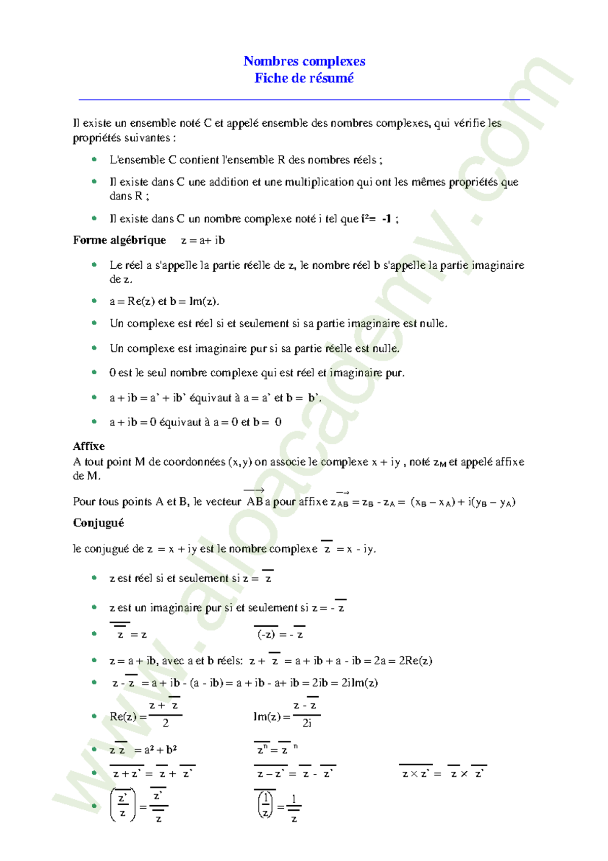 Résumé 3 Les Nombres complexes (www - Nombres complexes Fiche de résumé ...