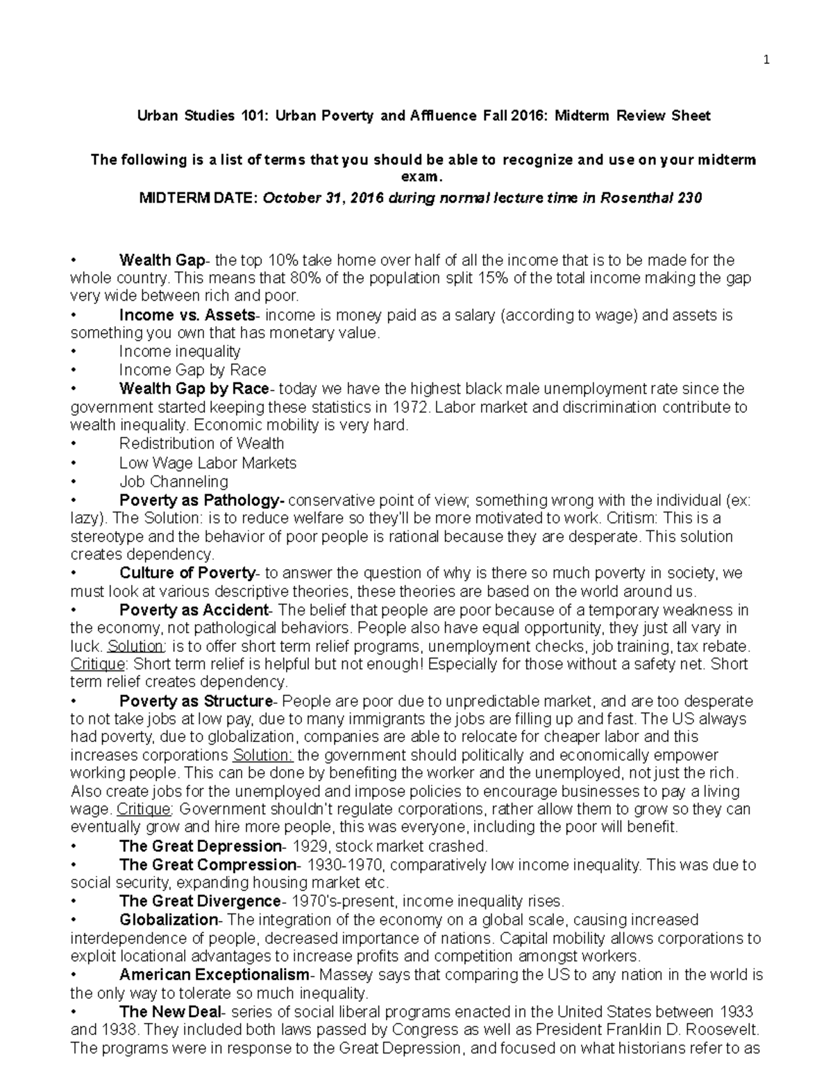 Midterm review sheet fall 2016 - Urban Studies 101: Urban Poverty and ...