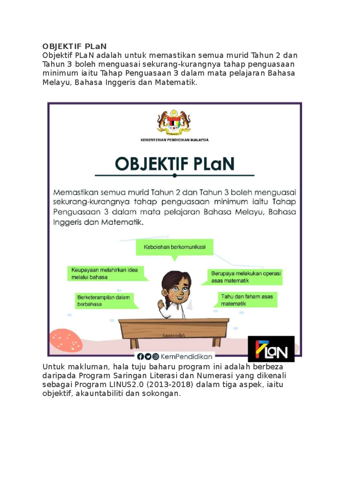 Objektif PLa N - for PLaN - OBJEKTIF PLaN Objektif PLaN adalah untuk ...